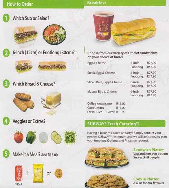 Menu at Subway fast food, Durban, 300 Anton Lembede Street