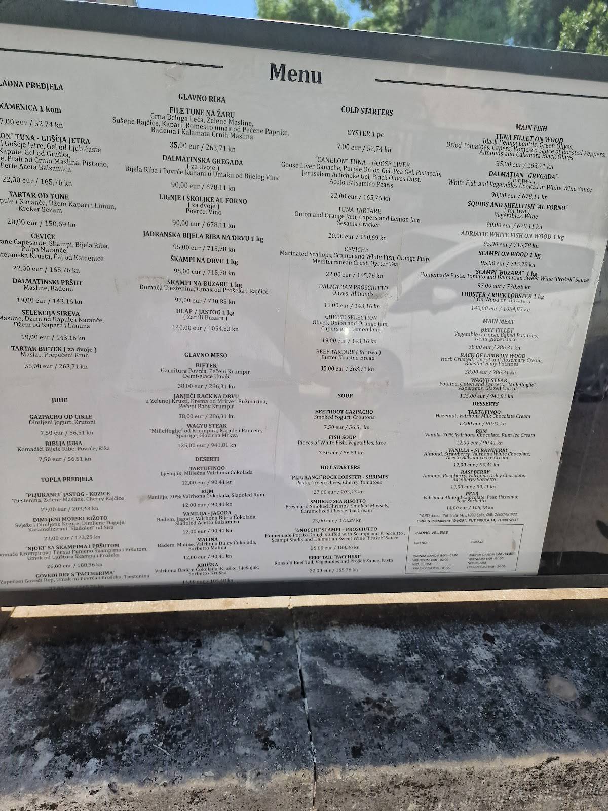 Menu at Dvor restaurant, Split, Put Firula 14
