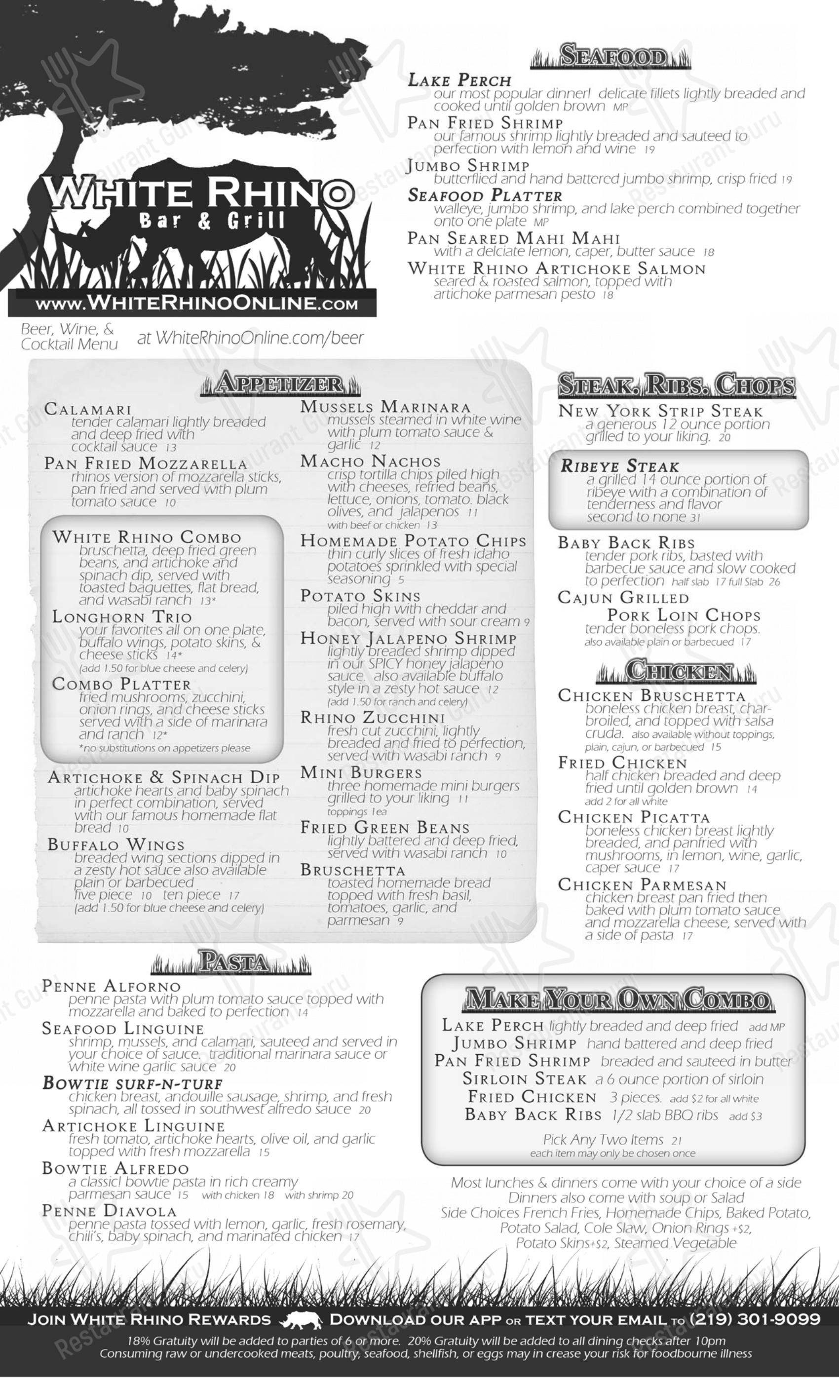 Menu at White Rhino Bar & Grill, Dyer