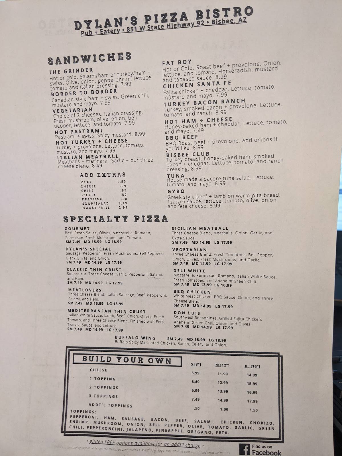 Menu at Dylan's Pizza Bistro pizzeria, Bisbee, W