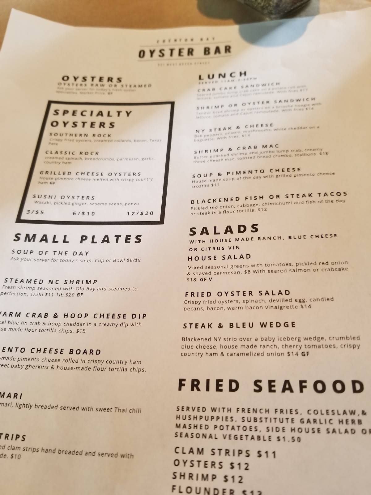 Menu at Edenton Bay Oyster Bar, Edenton
