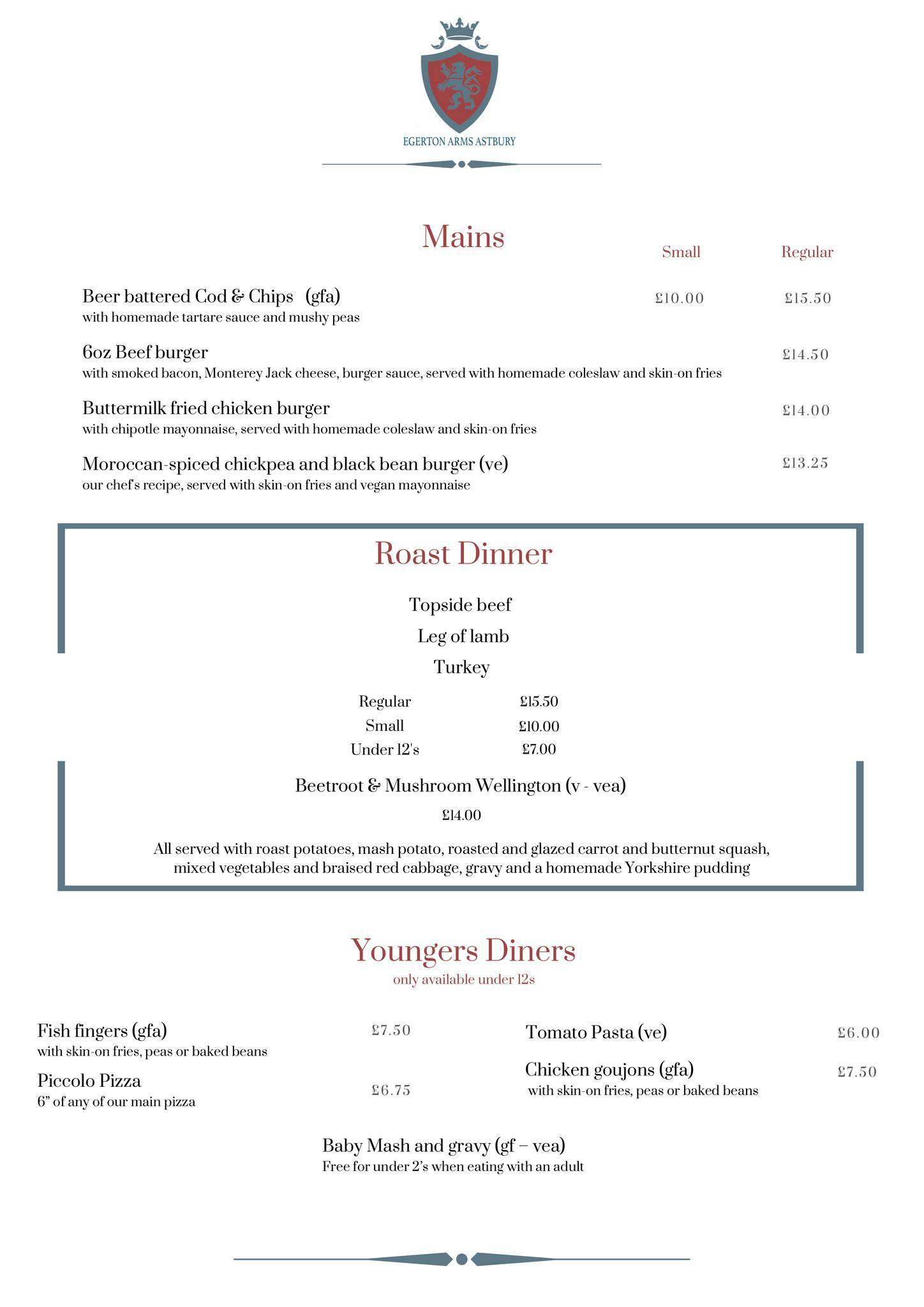 Menu at Egerton Arms Astbury restaurant, Congleton, Peel Ln