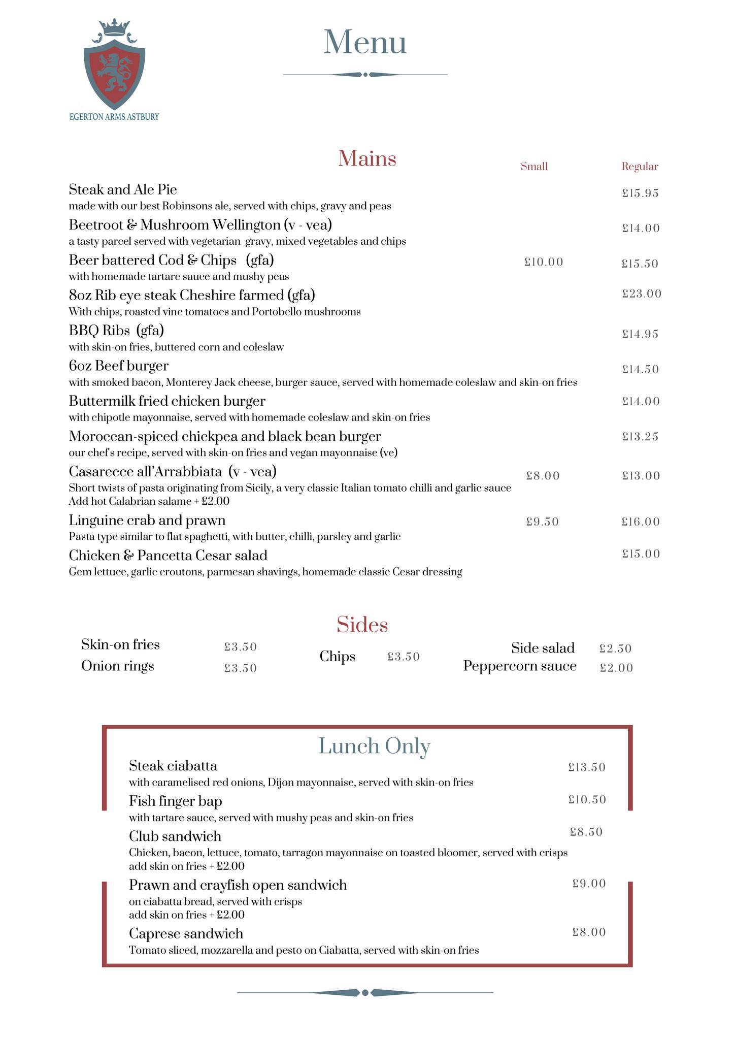 Menu at Egerton Arms Astbury restaurant, Congleton, Peel Ln