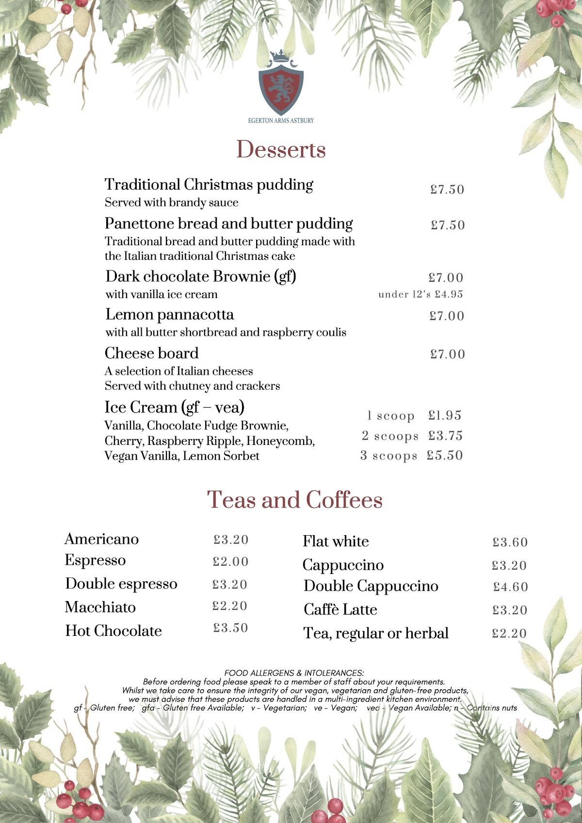 Menu at Egerton Arms Astbury restaurant, Congleton, Peel Ln