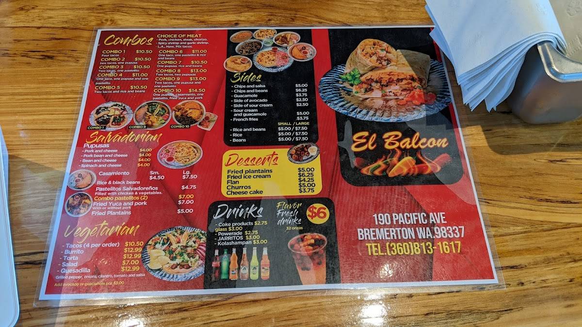 Menu at El Balcon restaurant, Bremerton