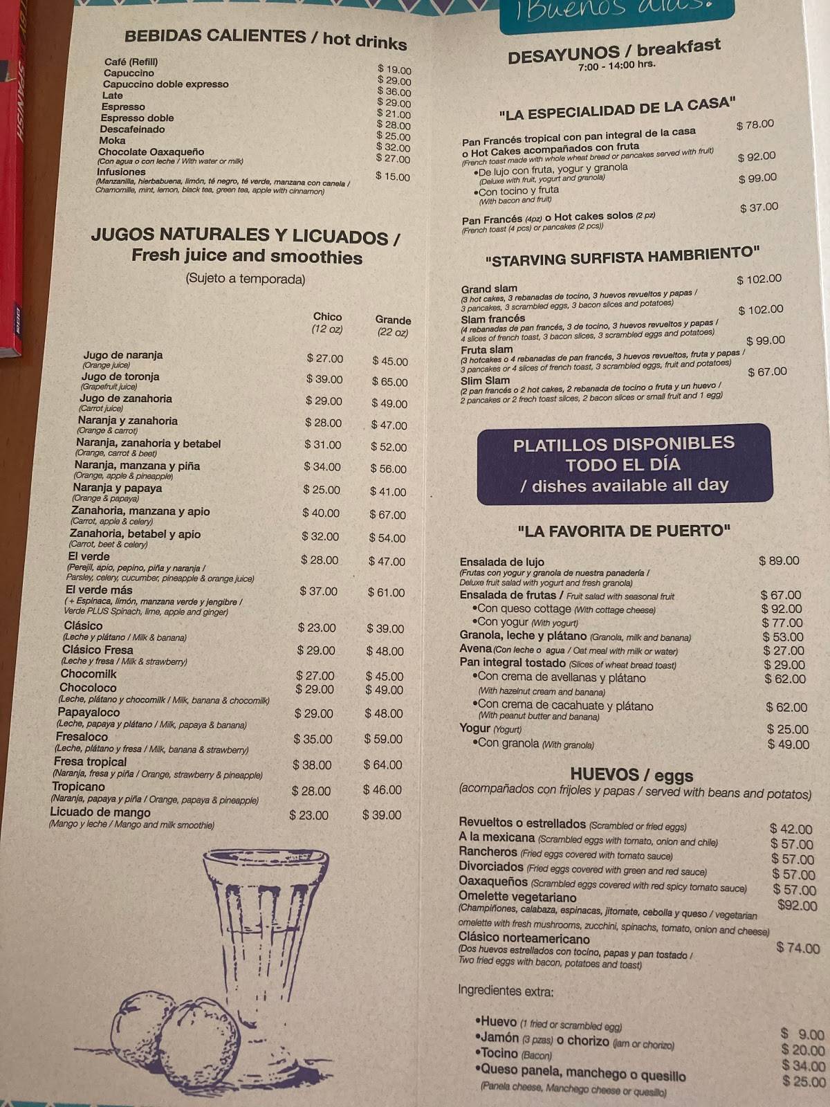 Menu at El Cafecito, Puerto Escondido, Boulevard Benito Juárez 1