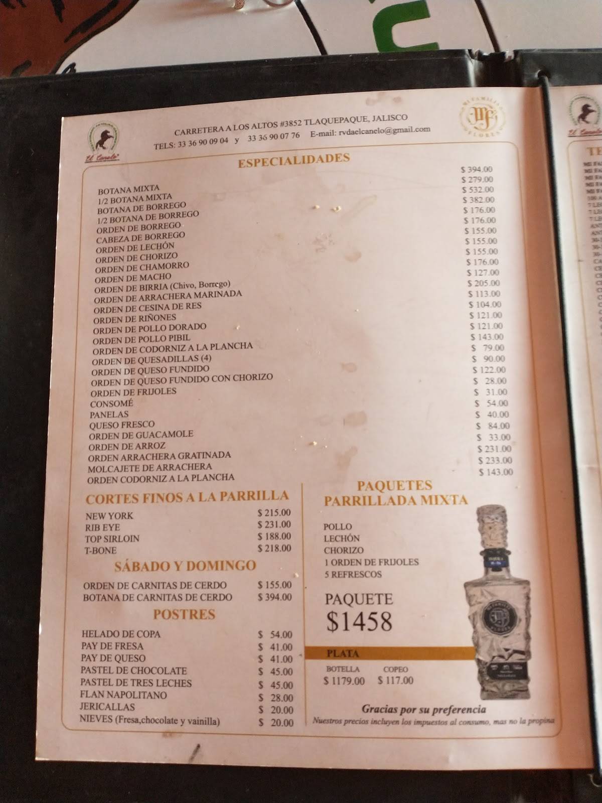 Carta del restaurante El Canelo, San Pedro Tlaquepaque, Carr. libre ...