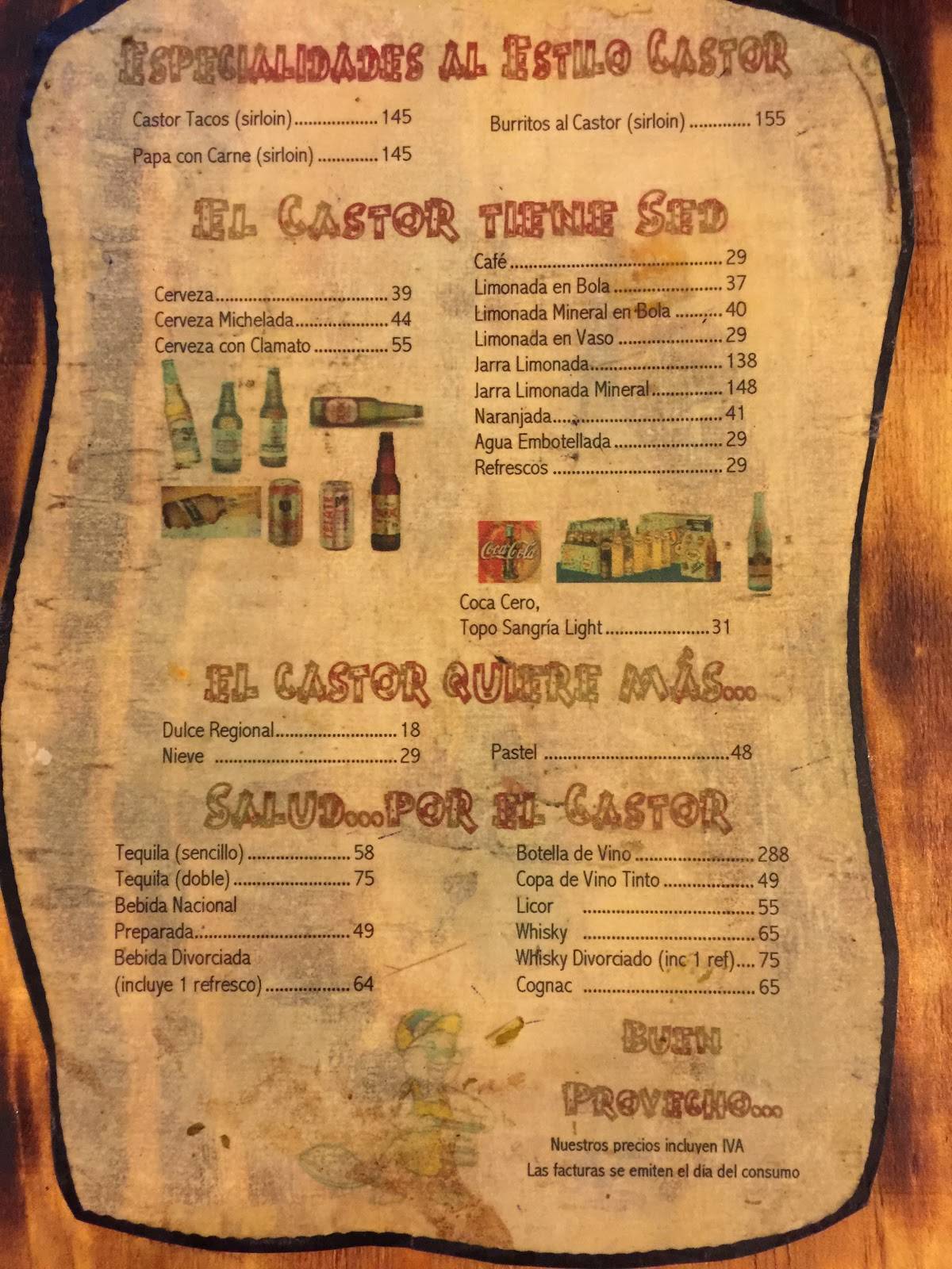 Carta del restaurante El Castor, Monterrey, Blvd. Rogelio Cantú Gomez #1000