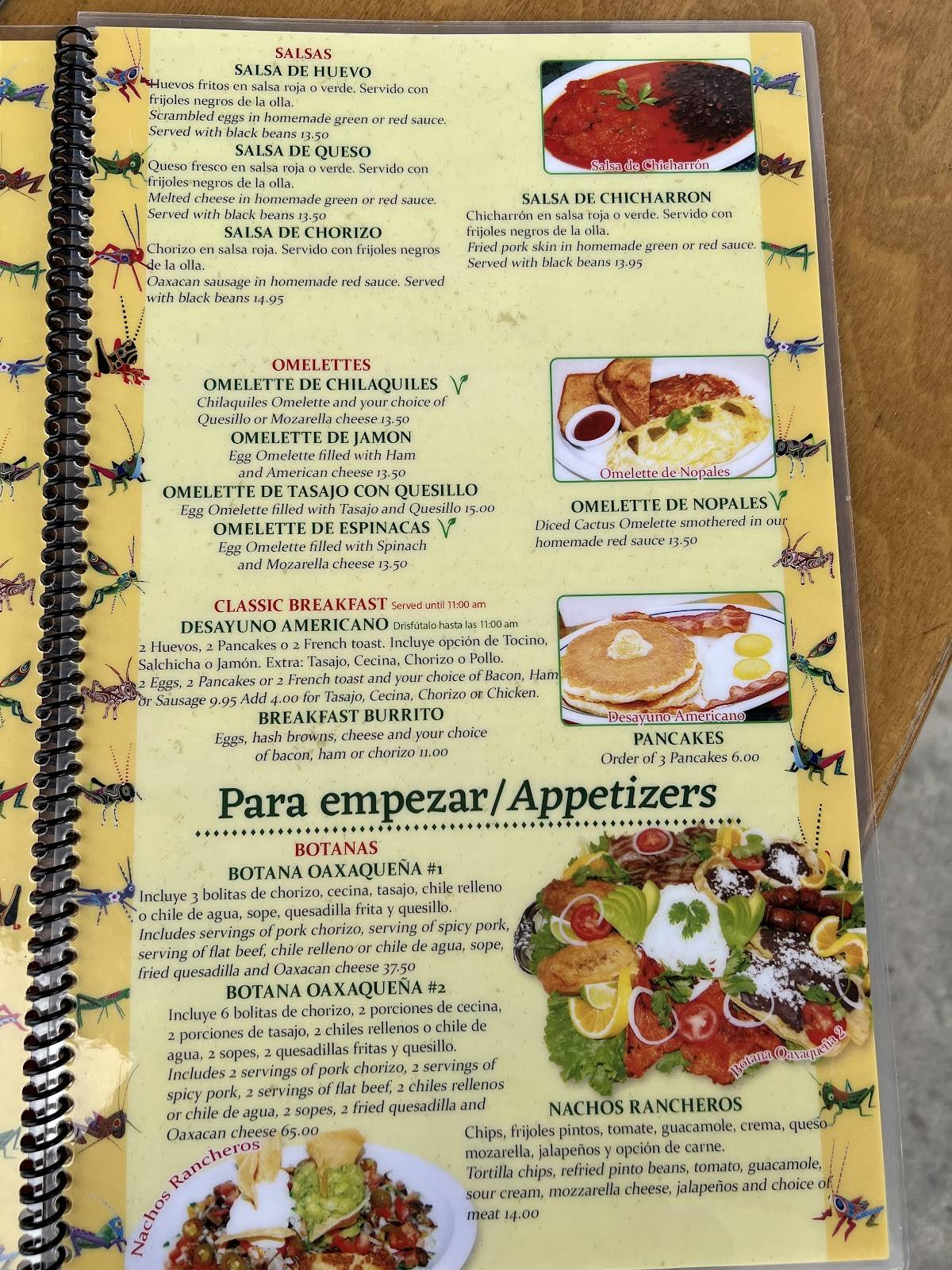 Carta de El Chapulín Restaurante, Los Angeles