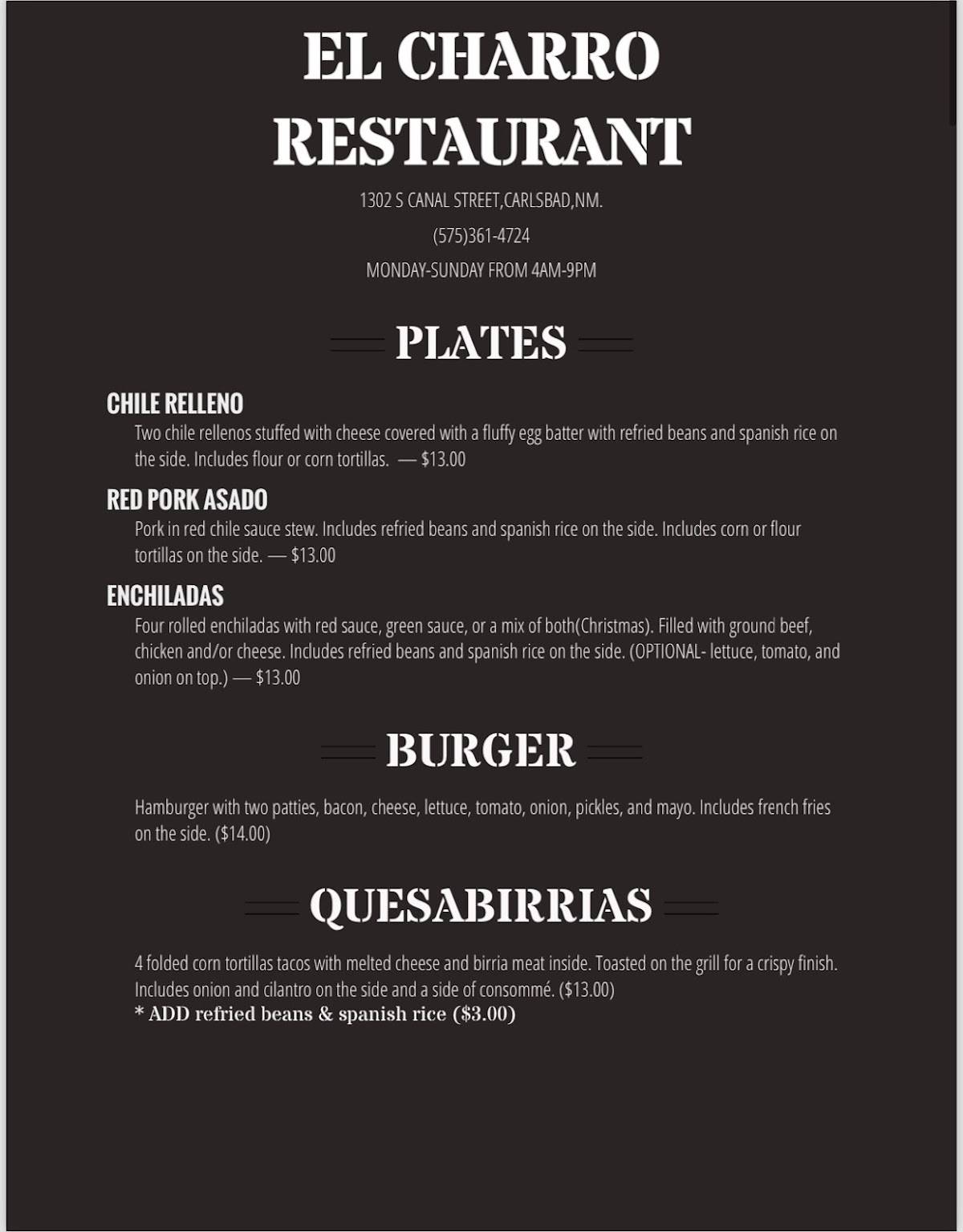 Menu at El Charro restaurant, Carlsbad