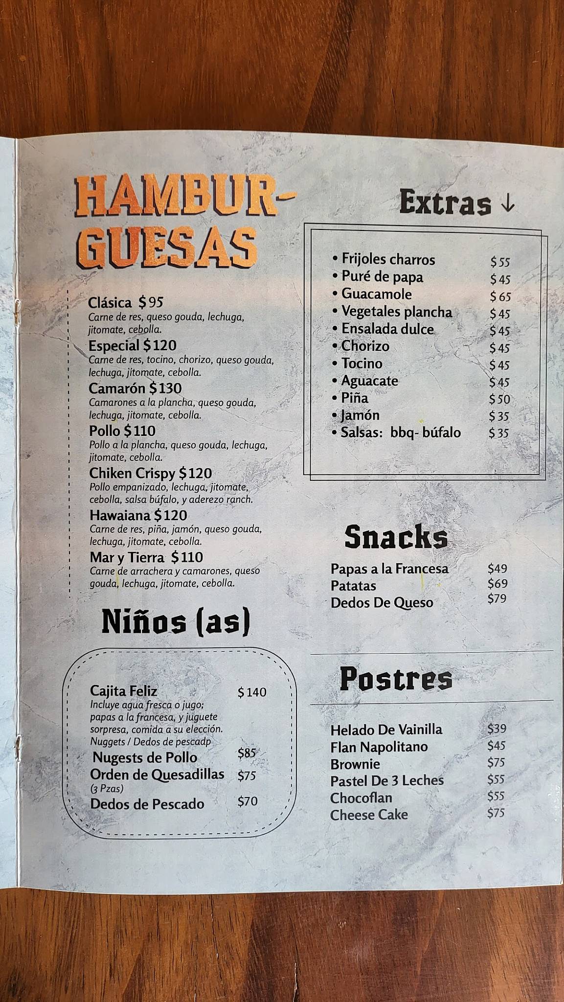 Carta del restaurante El Elefante del piedra, Ameca