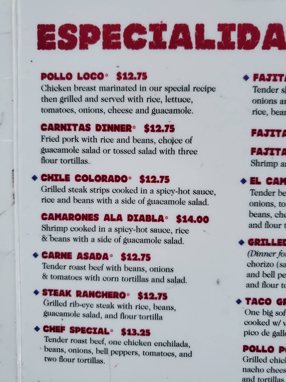 Menu at El Fogon Mexican Grill restaurant, Akron