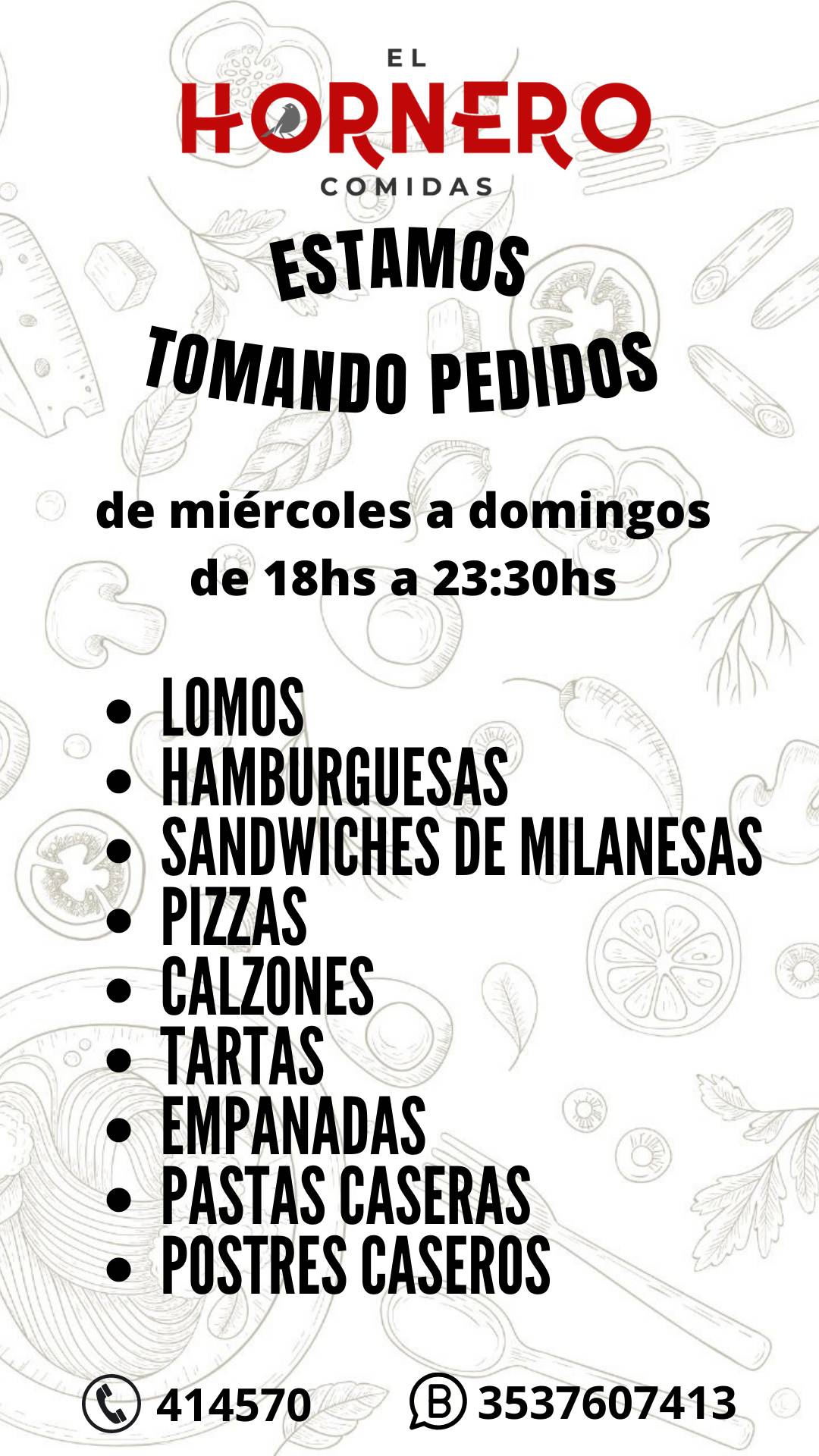 Carta del restaurante El Hornero, Bell Ville