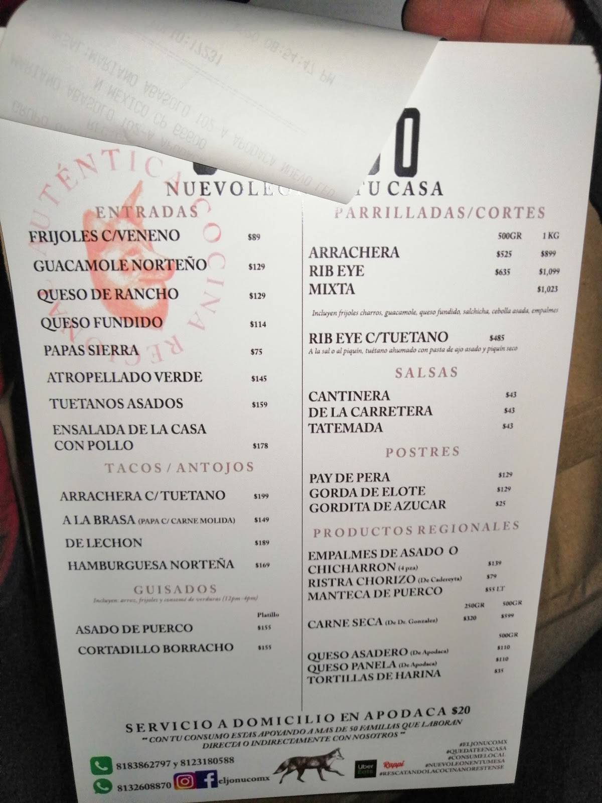 Carta del restaurante El Jonuco, Apodaca