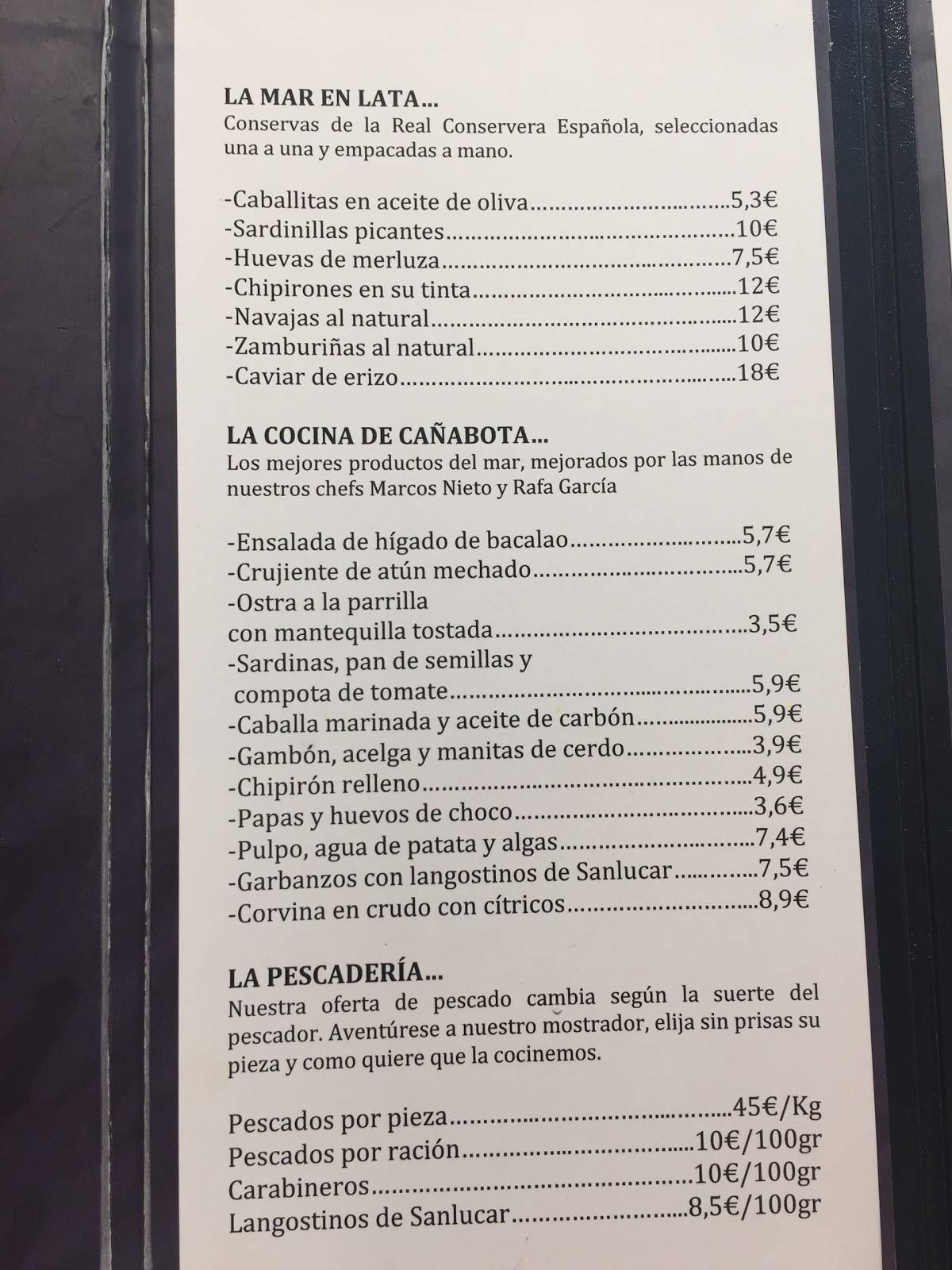 Carta de El Restaurante Cañabota, Sevilla, C. Orfila