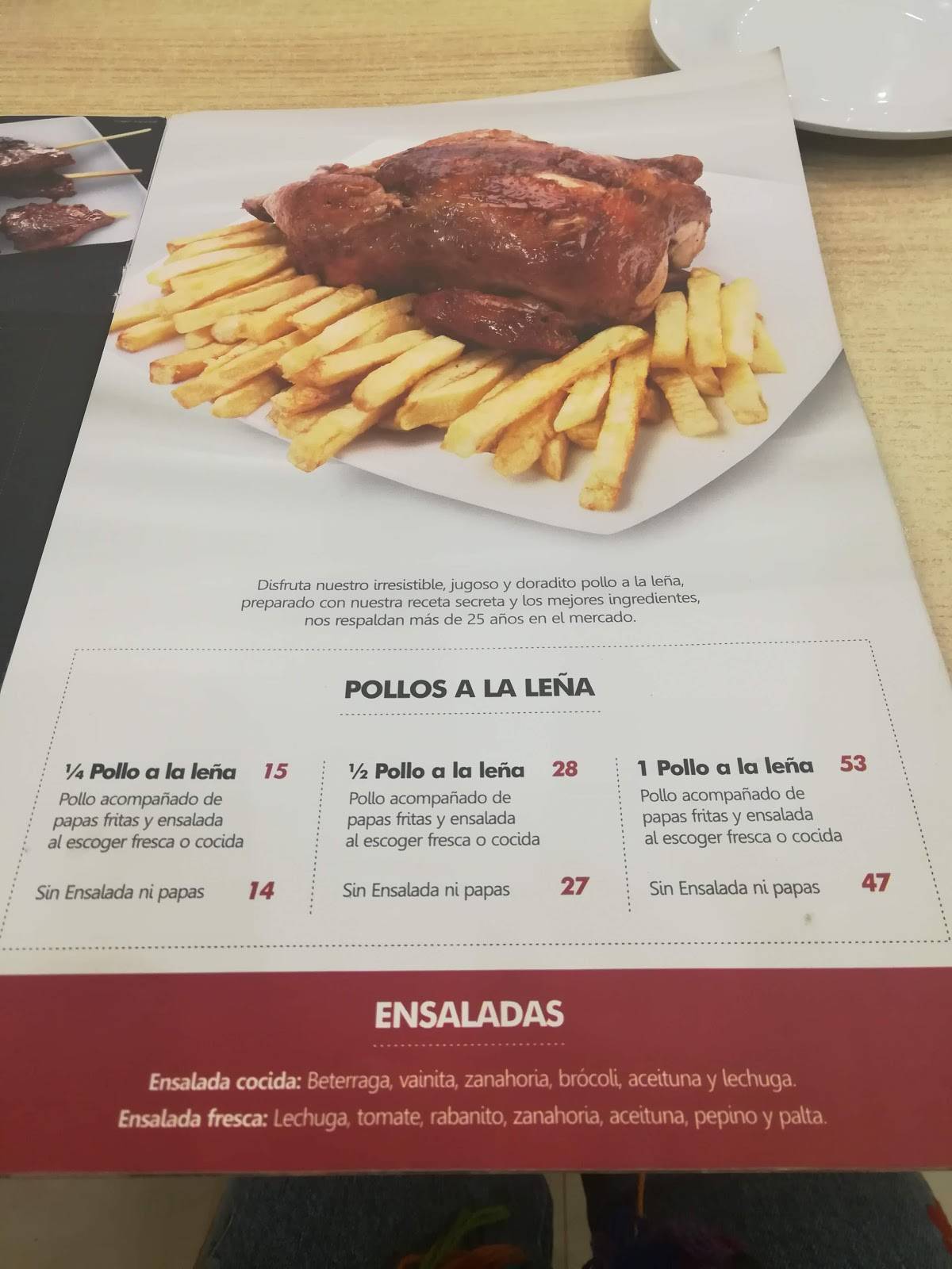 Carta del restaurante El Tablón, Juliaca