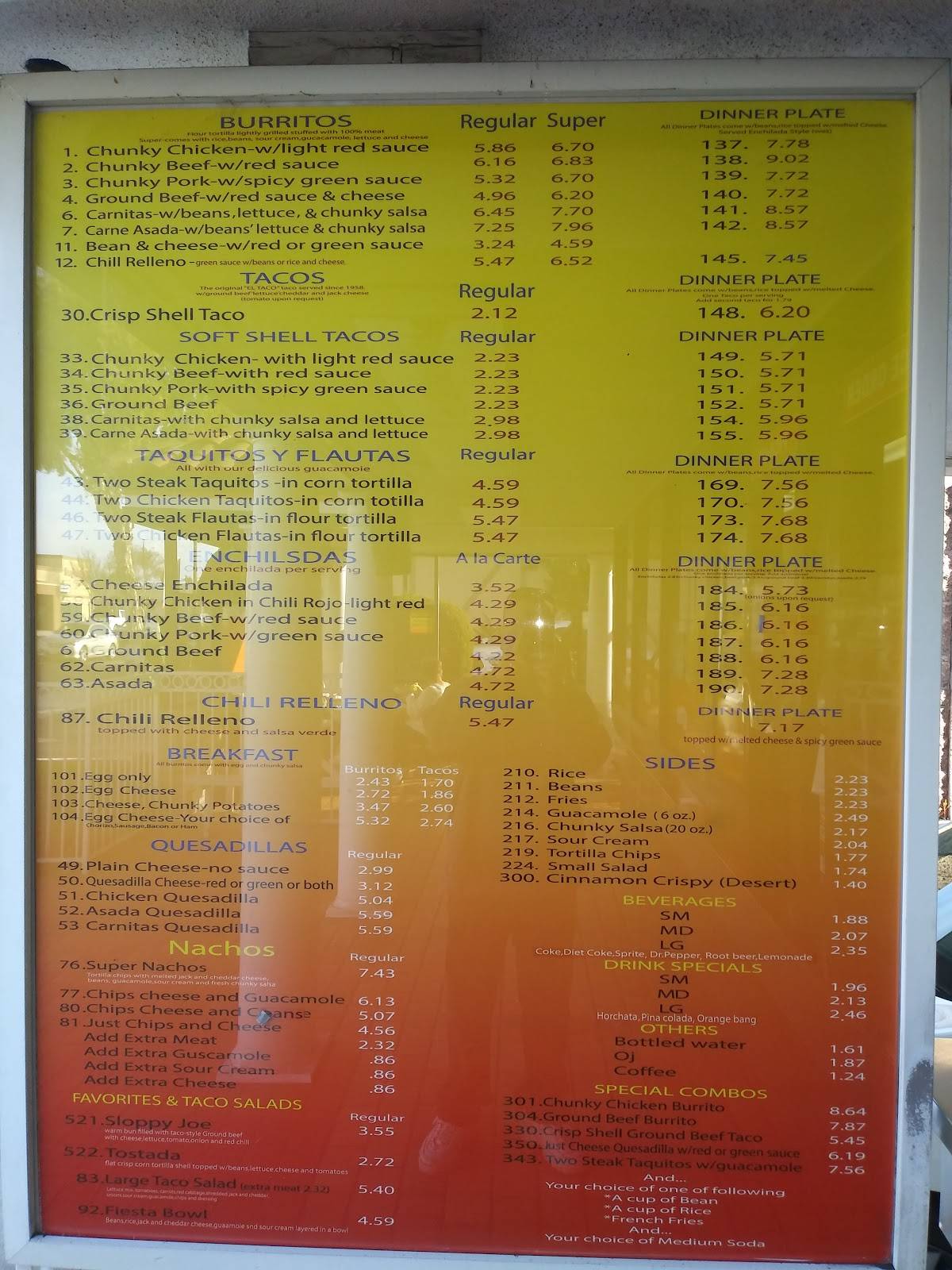 Menu at El Taco restaurant, Downey, Florence Ave