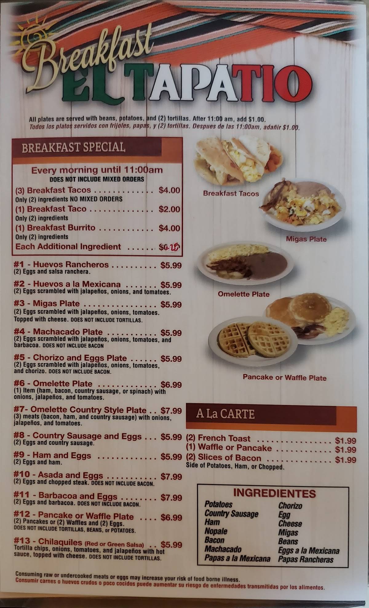 Menu at El Tapatio Mexican Restaurant, Granite Shoals