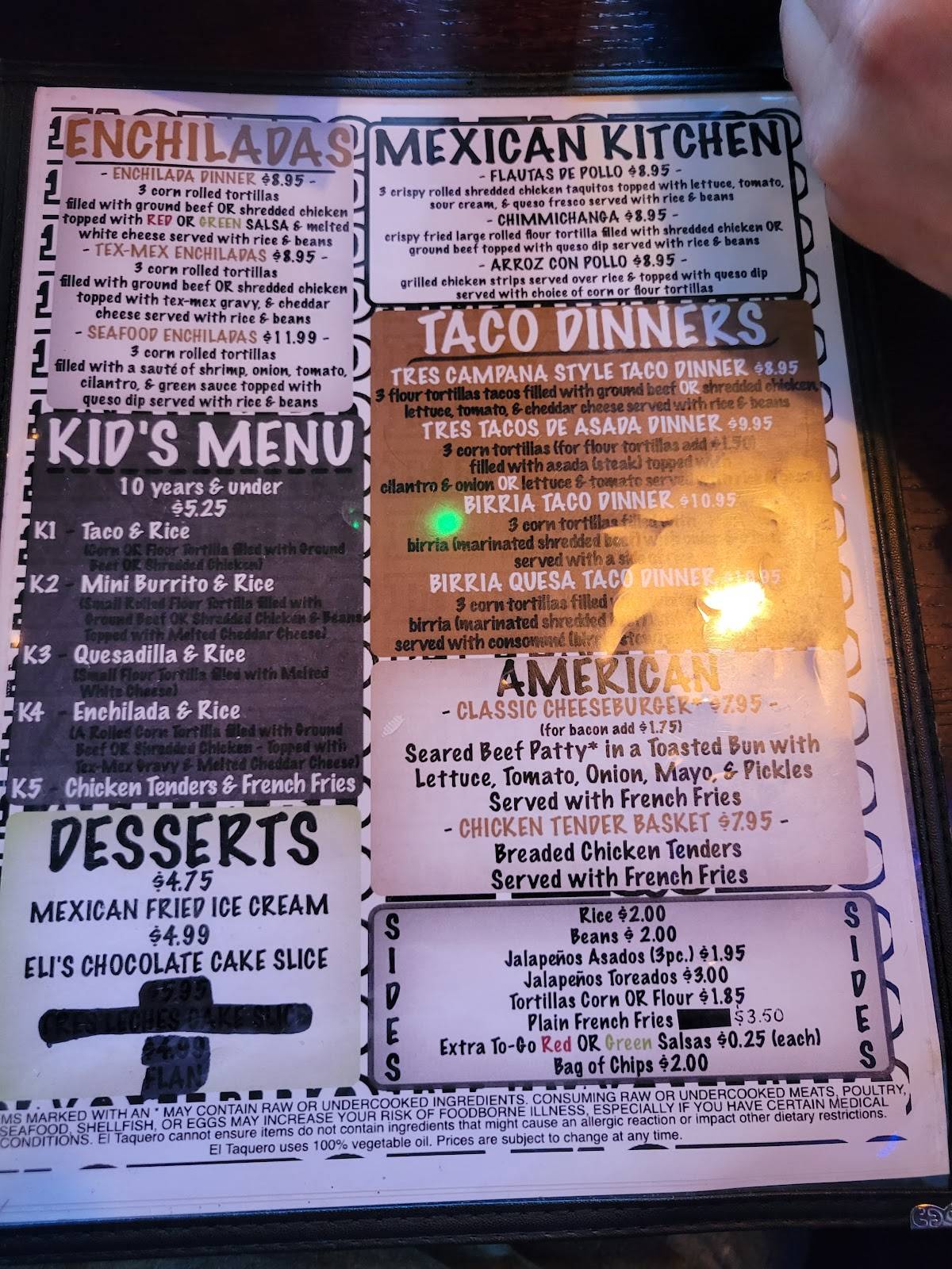 Menu at El Taquero restaurant, Fort Wayne