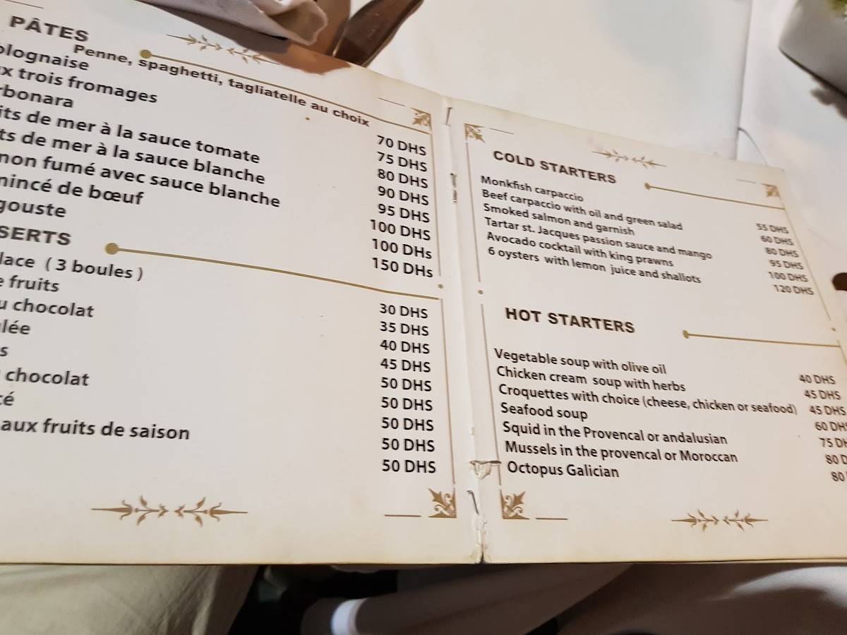 Menu at El Toro restaurant, Agadir