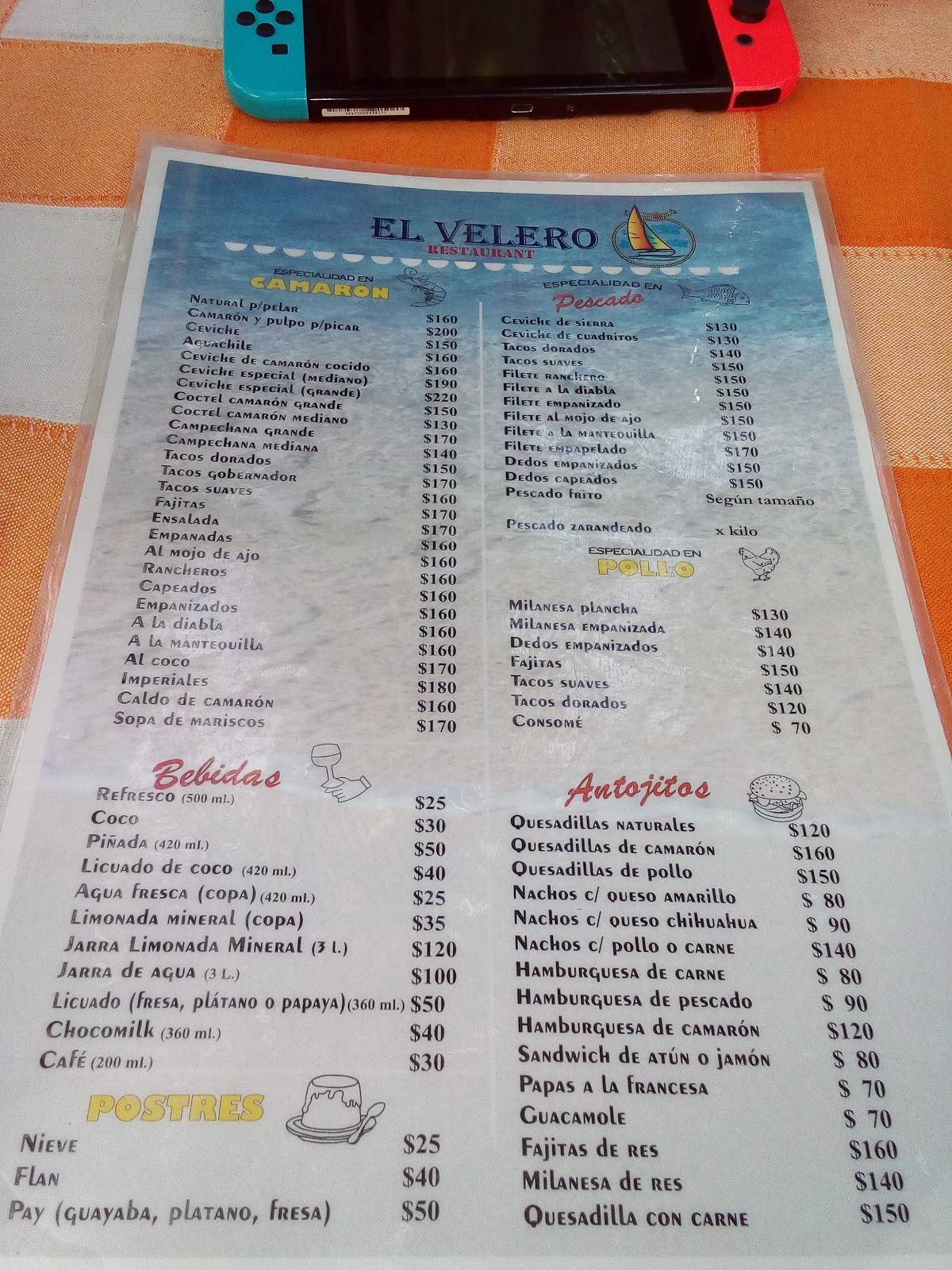 Menu at El Velero restaurant, Mazatlán