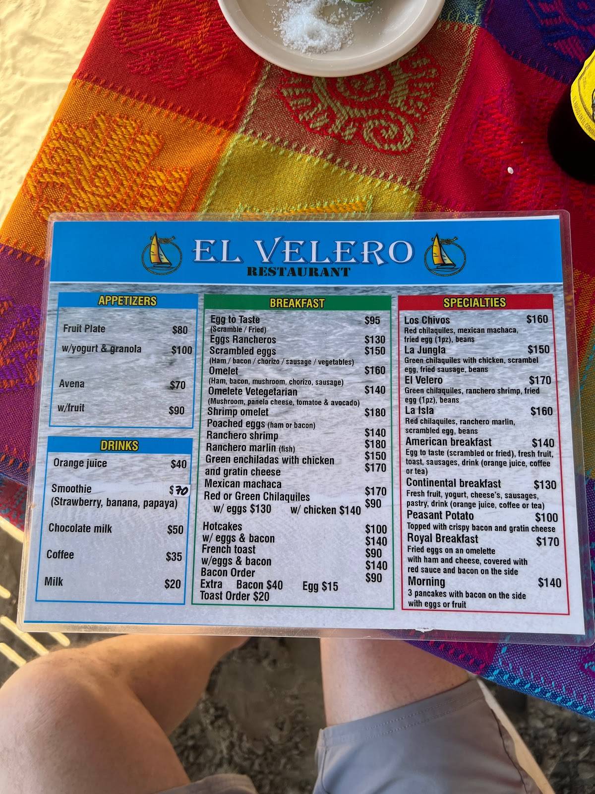 Menu at El Velero restaurant, Mazatlán