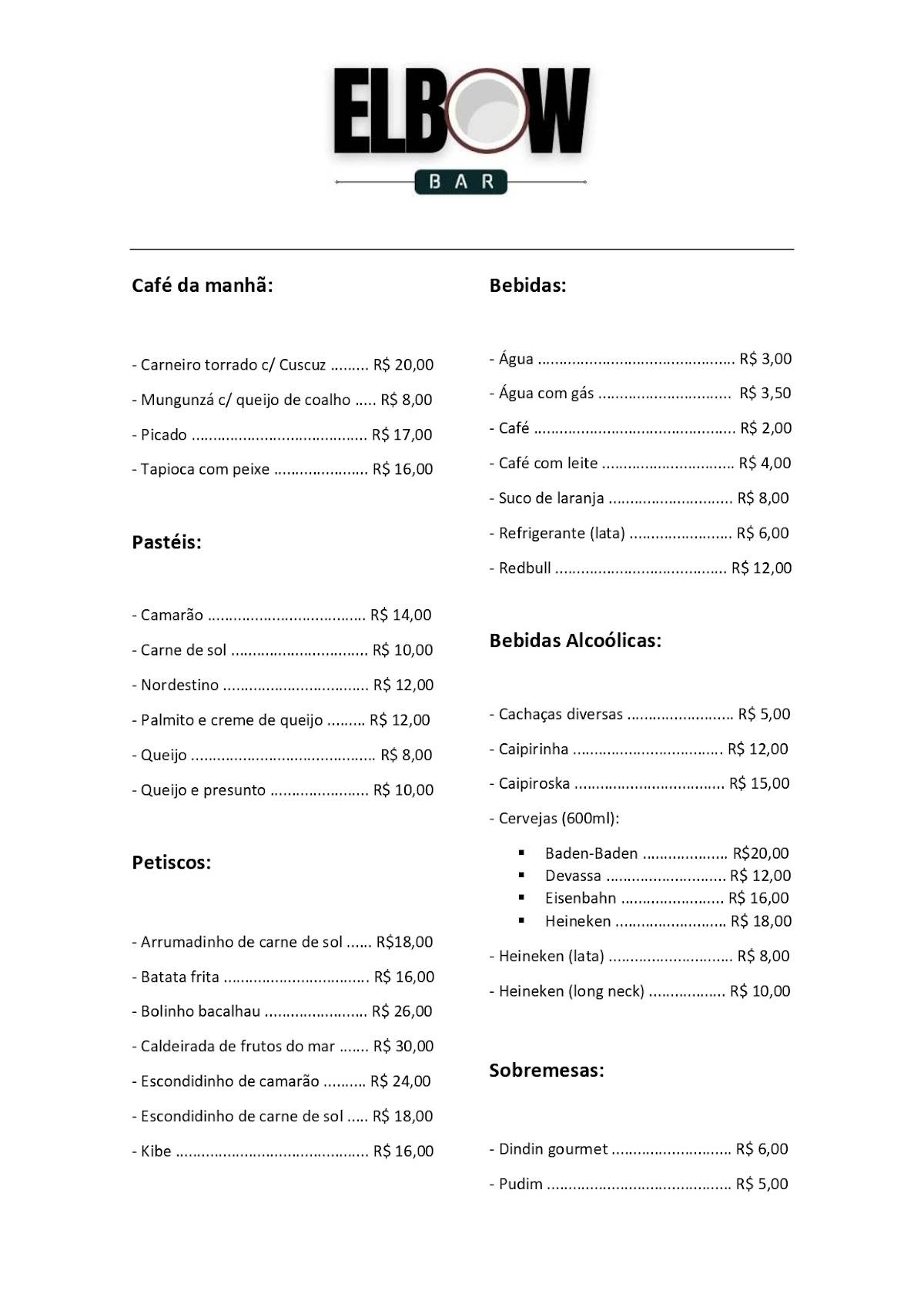Menu at Elbow Bar - Cafés da manhã & Petiscos, Parnamirim