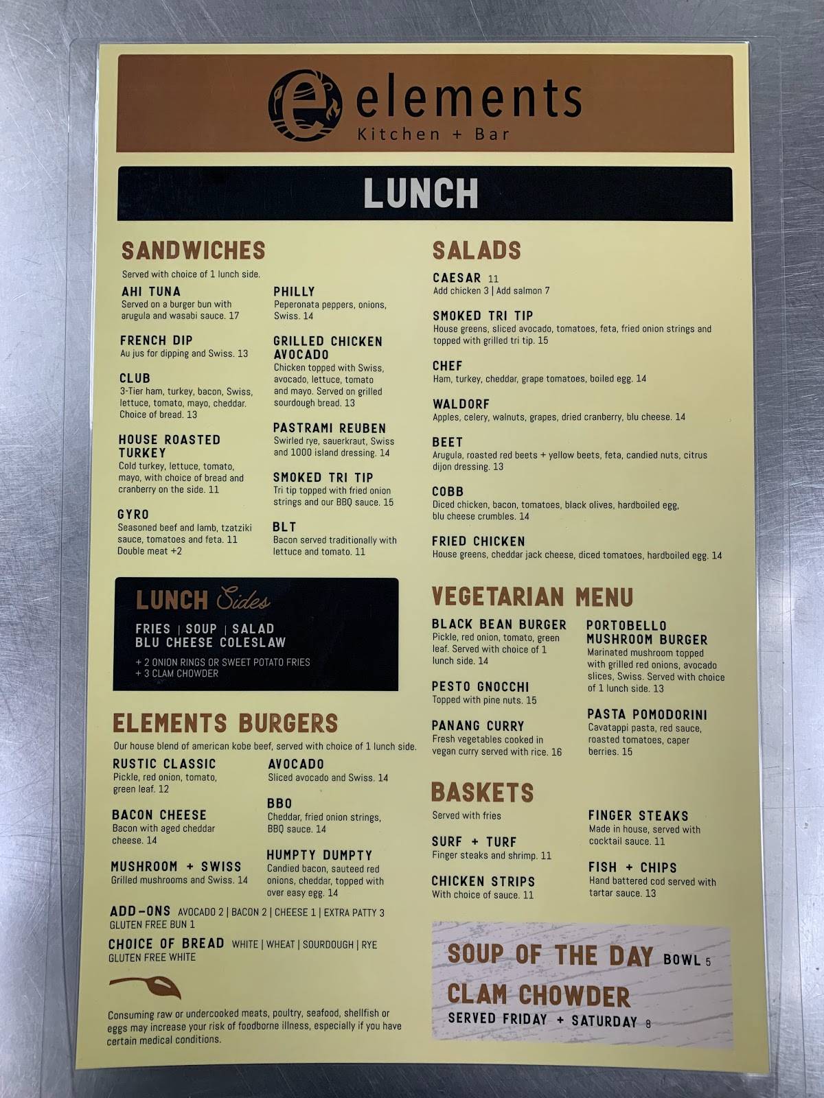 Menu at Elements kitchen + bar, Emmett