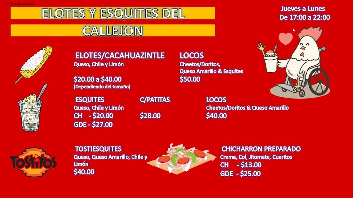Menu at Elotes y Esquites del Callejón restaurant, Naucalpan