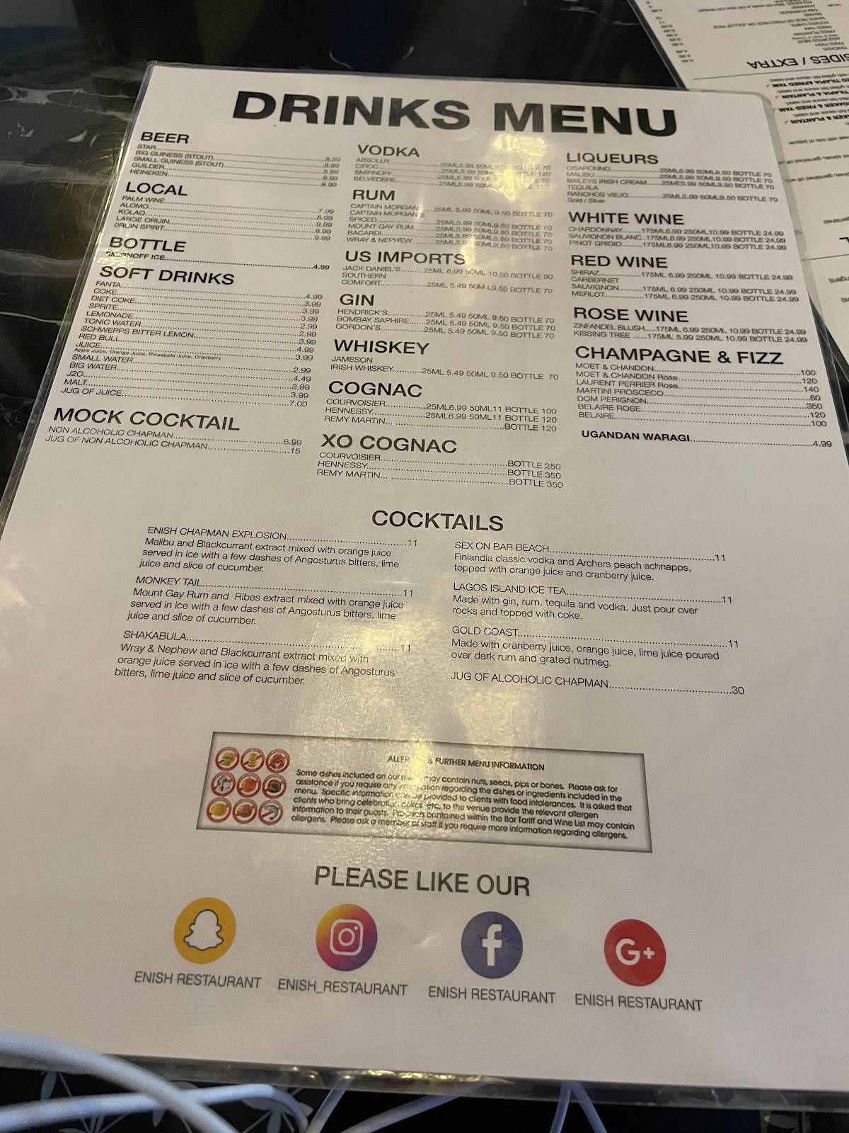Menu at Enish Old Kent Road restaurant, London