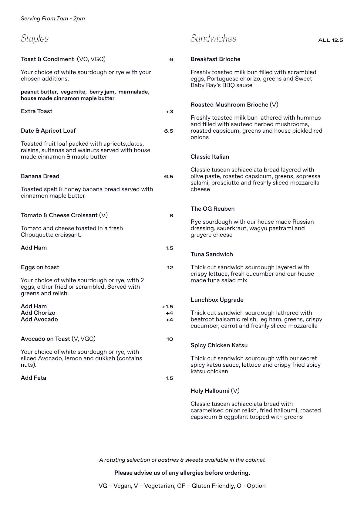 Carta de Fables Bar & Café, Woolloongabba