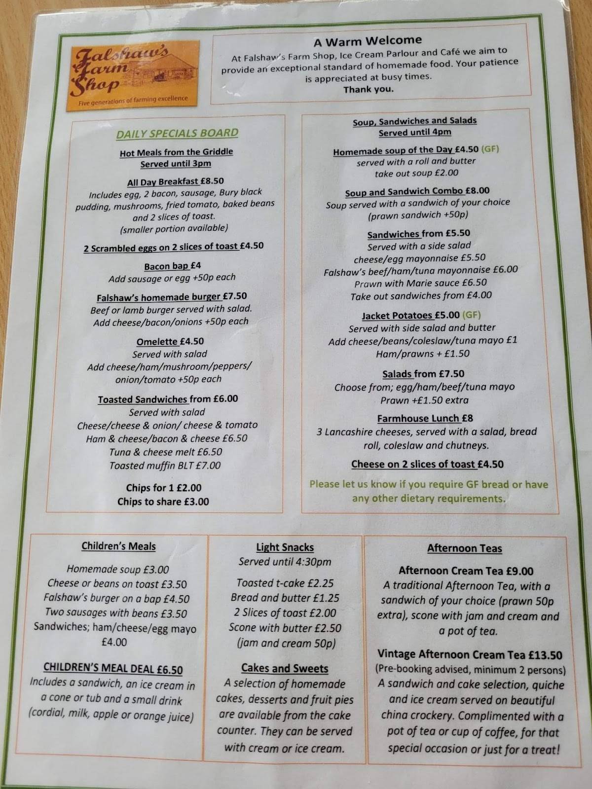 Menu at Falshaw's Farm Shop and cafe - open for food, Bury