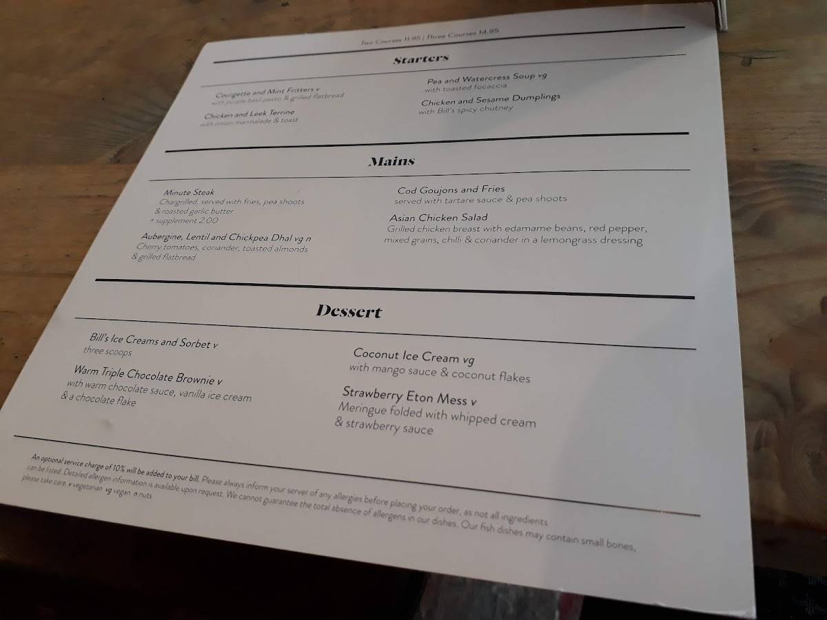 Menu at Bill's Farnham Restaurant, Farnham