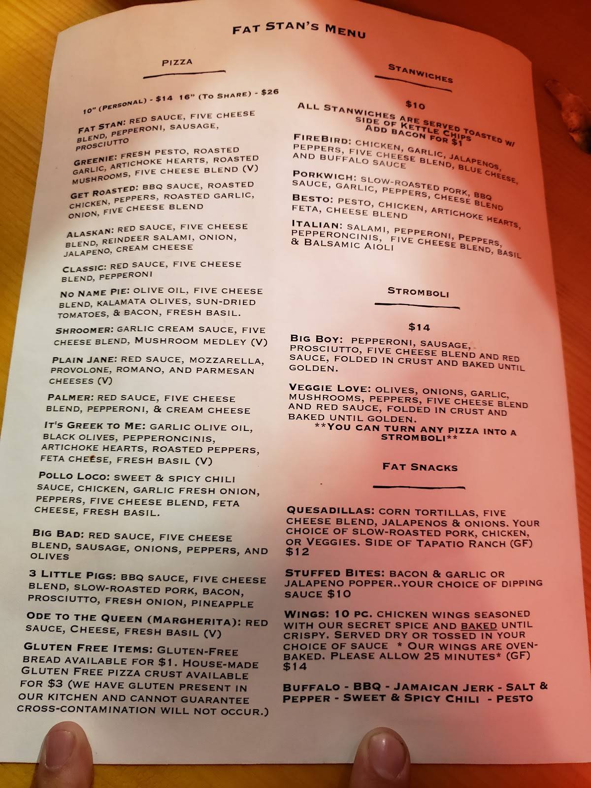 Menu at Fat Stan's Sports Bar & Pizzeria, Ketchikan, 330 Spruce Mill Way