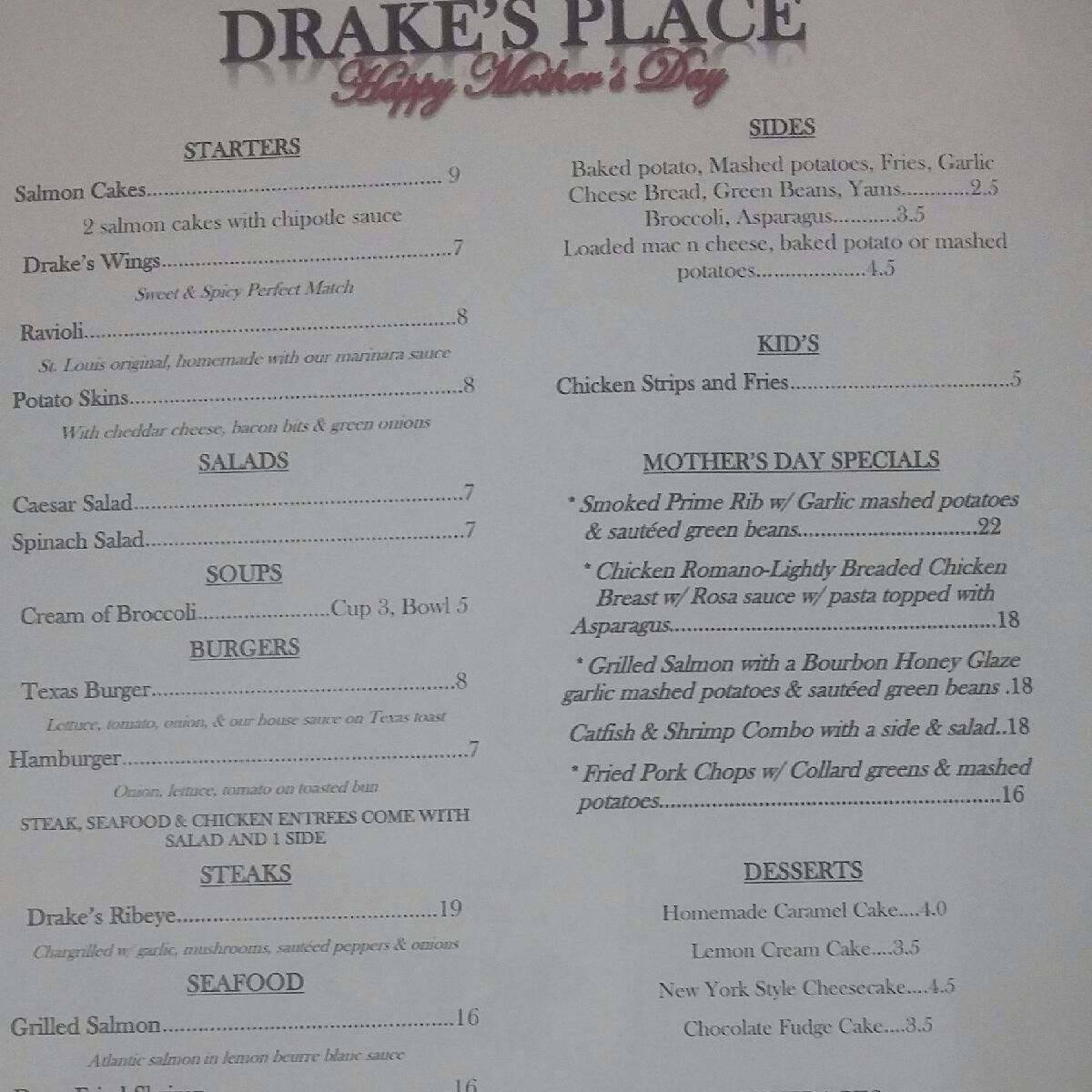 Menu at Drake's Place Restaurant & BBQ Smokehouse, Ferguson