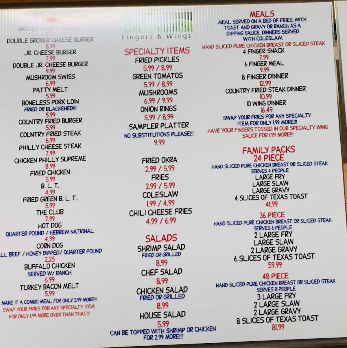 Menu at Grover's Fingers & Wings restaurant, Pensacola