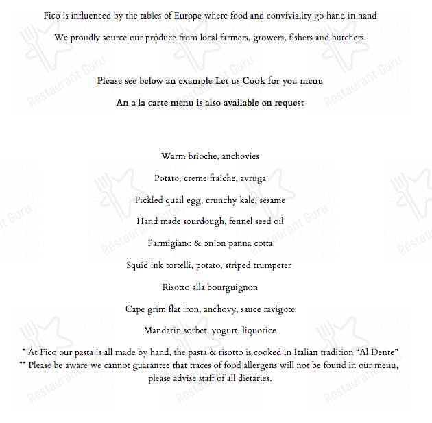 Menu at Fico restaurant, Hobart