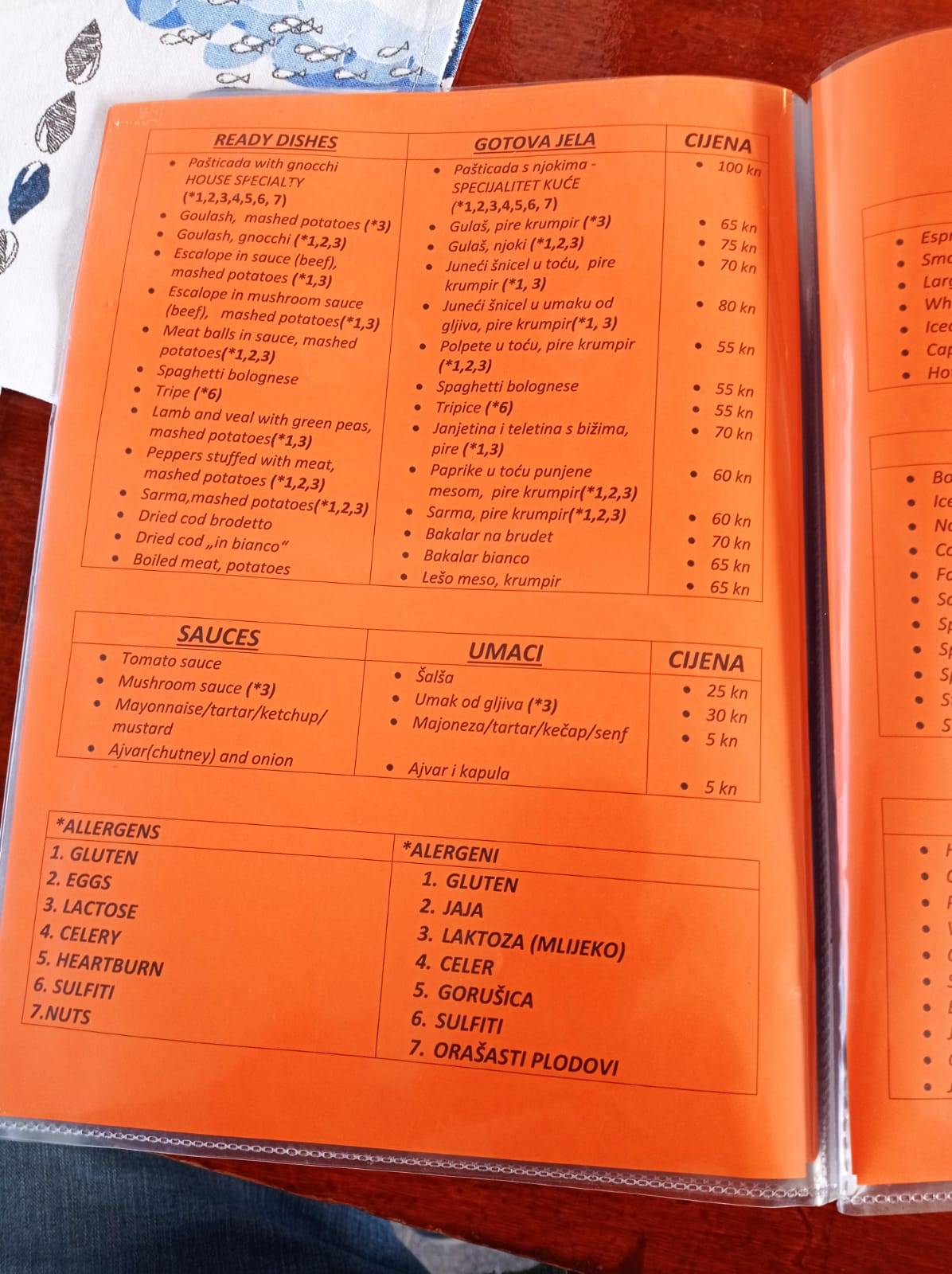 Menu at Fife restaurant, Split