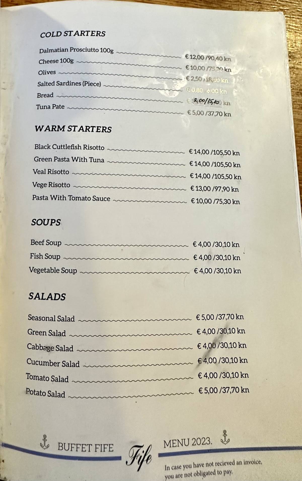 Menu at Fife restaurant, Split