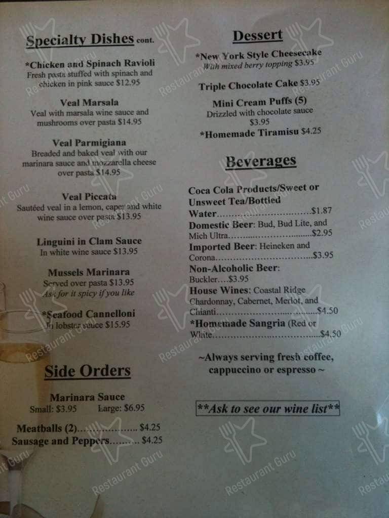 Menu at Fiore's pizzeria, Ocala, S Pine Ave