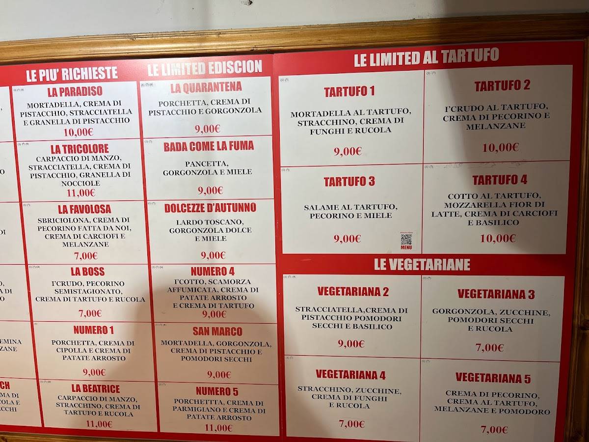 Menu at All’Antico Vinaio cafe, Florence