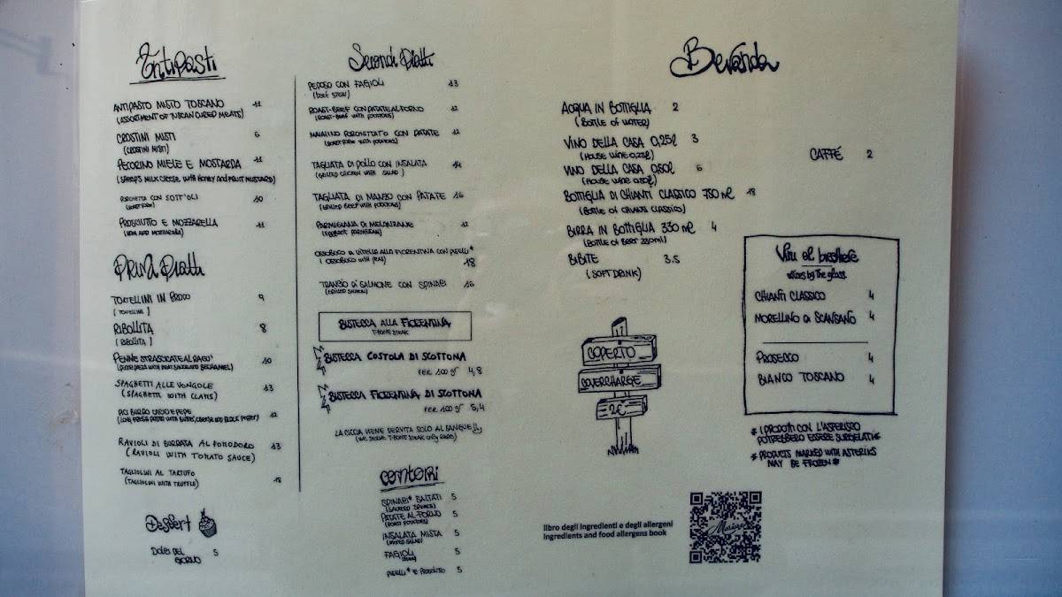 Menu at Trattoria Marione restaurant, Florence