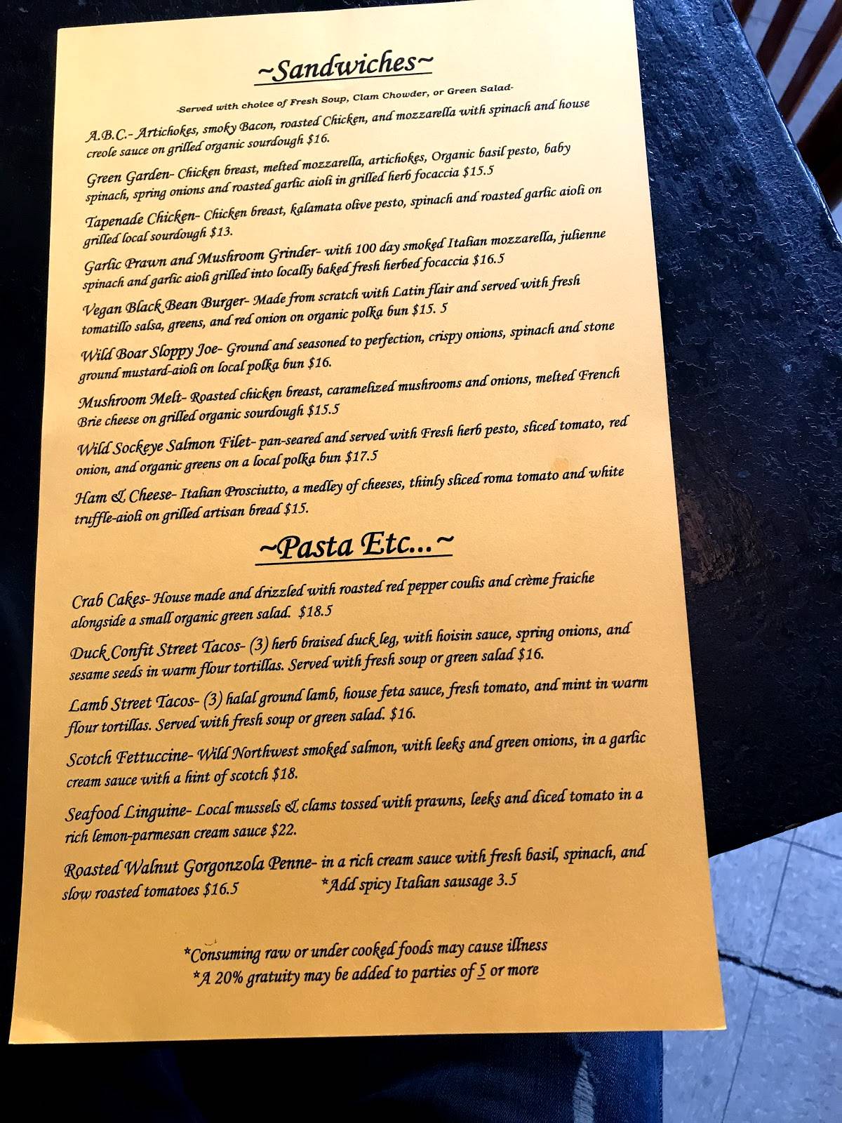 Menu at Fountain Cafe, Port Townsend