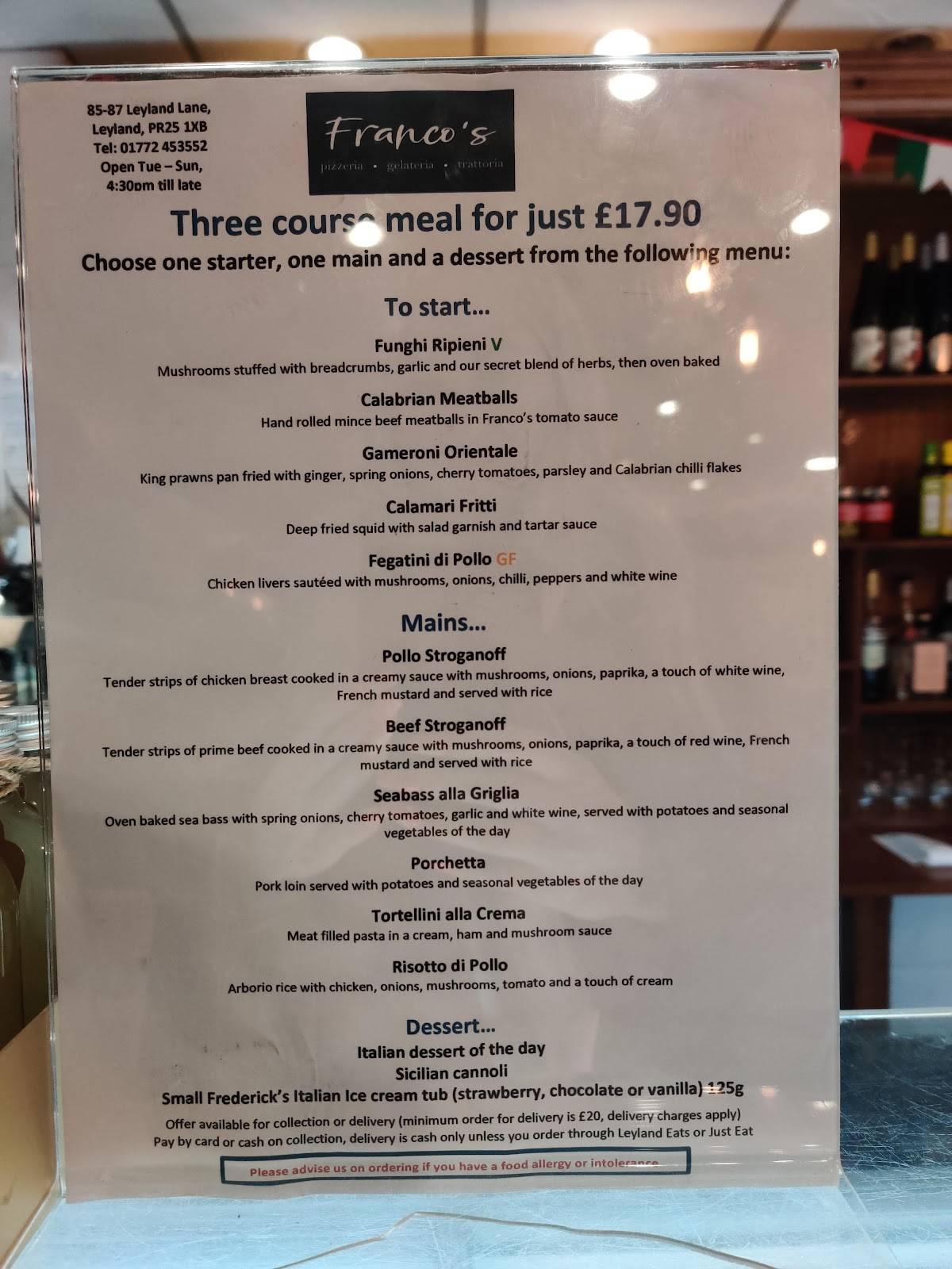 Menu at Franco's pizzeria, Leyland