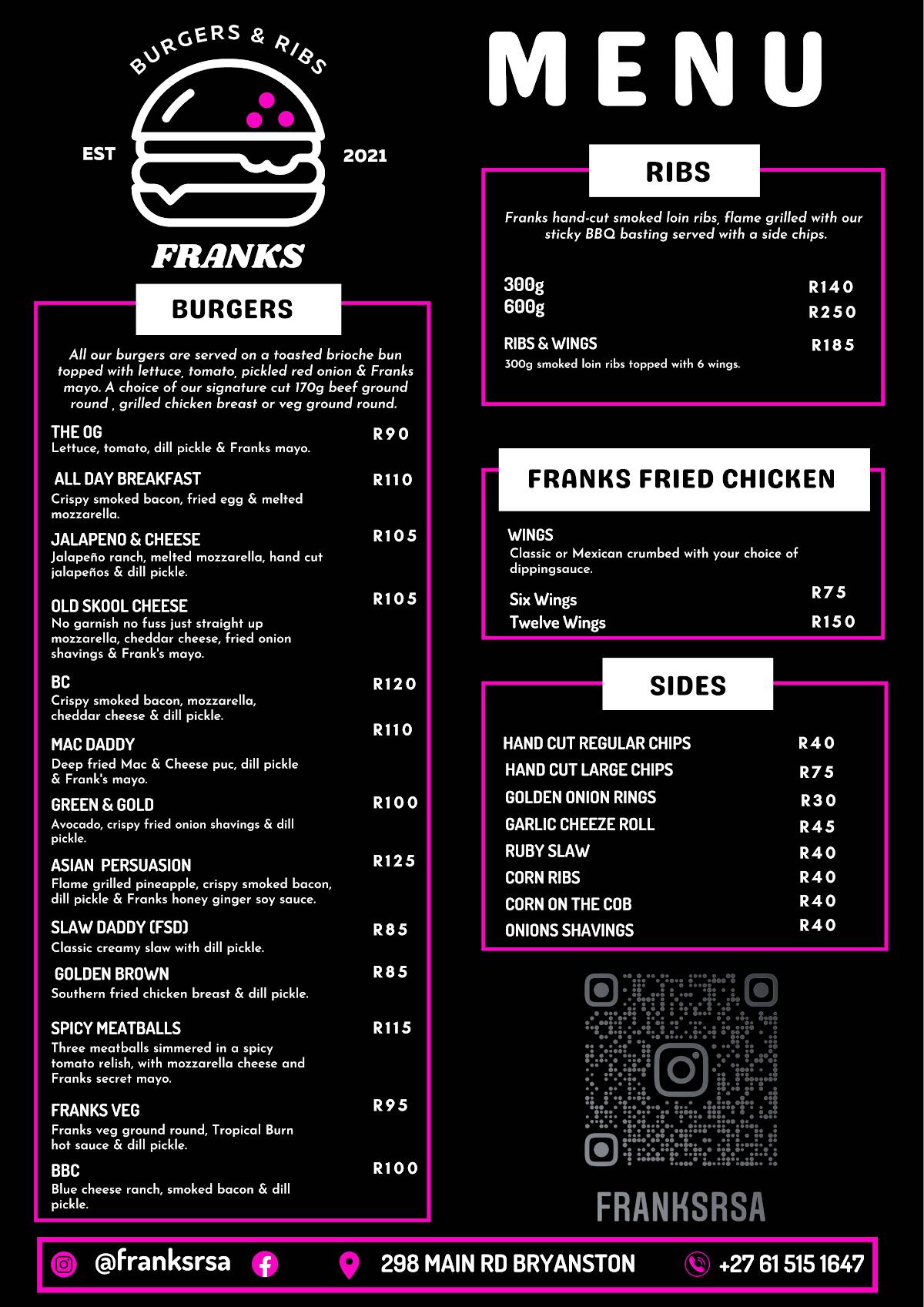 Menu at Franks Burgers & Ribs Bryanston restaurant, Johannesburg