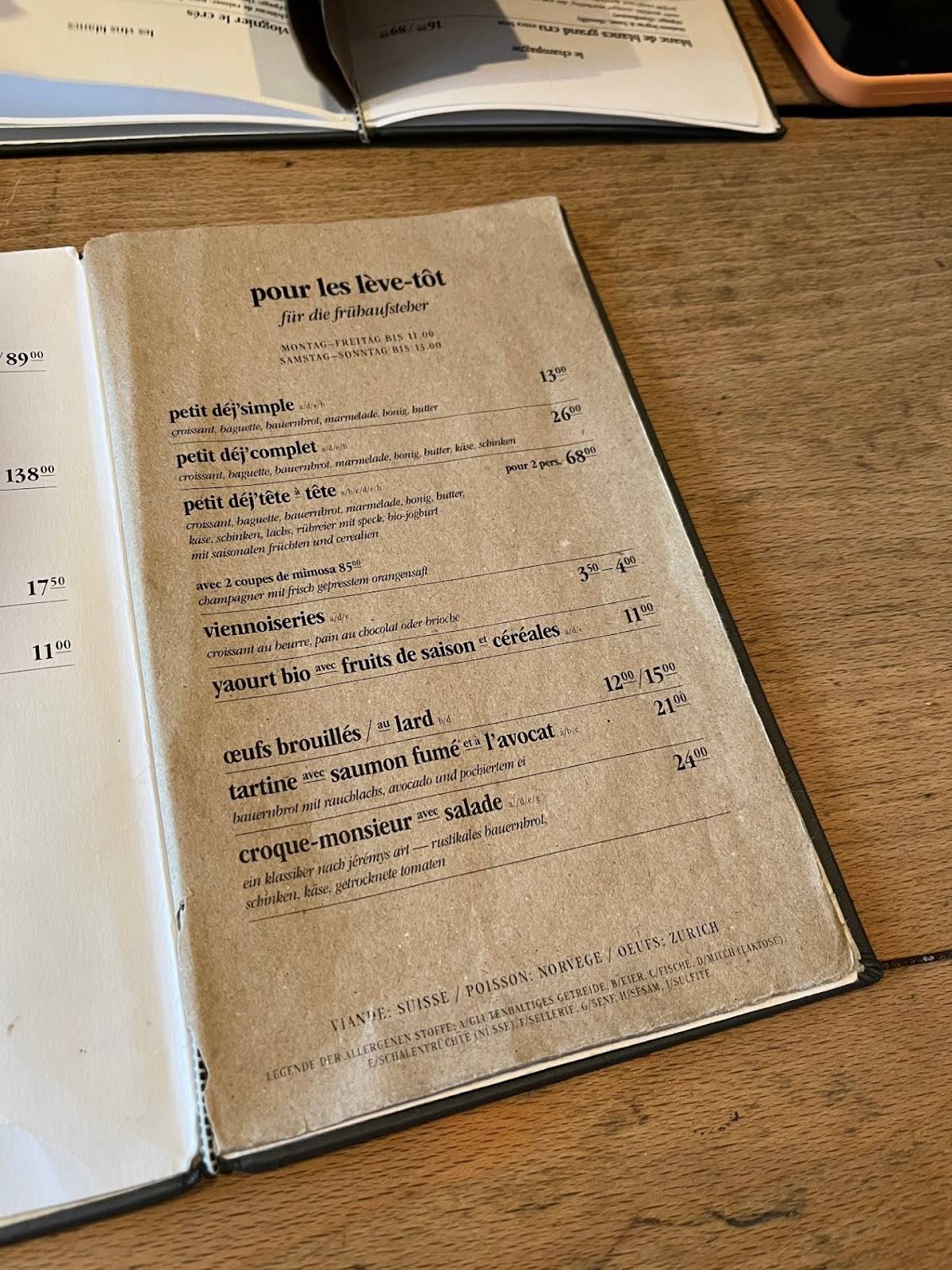 Menu at Franzos Coffee Shop, Zürich