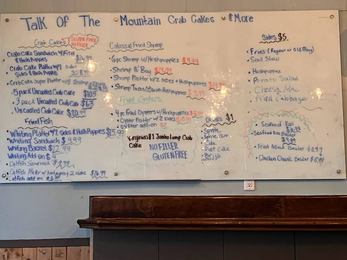 Menu at Talk of the Mountain Crab Cakes and more restaurant, Front ...