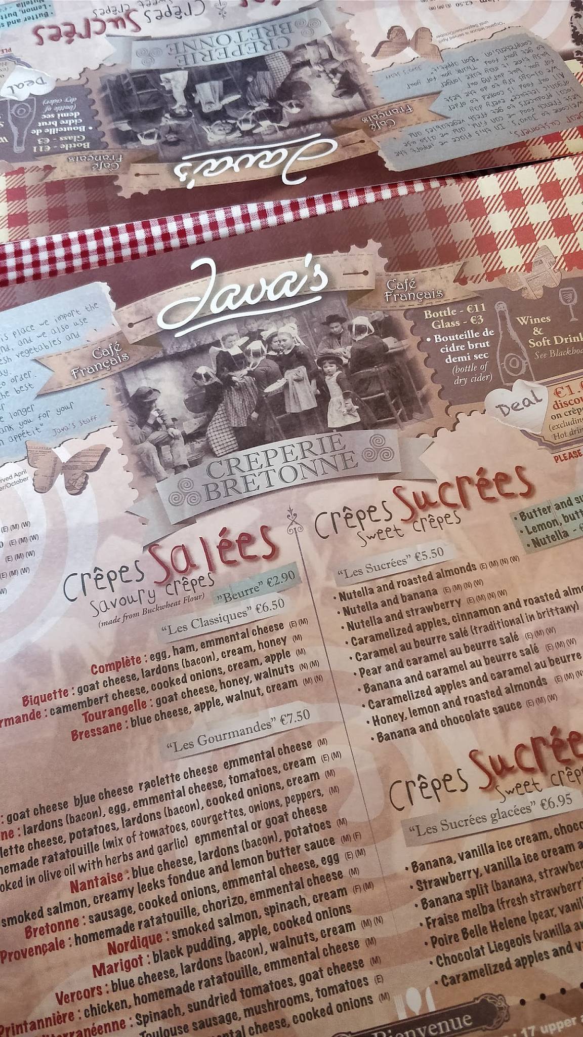 Menu at Java's Cafe, Galway
