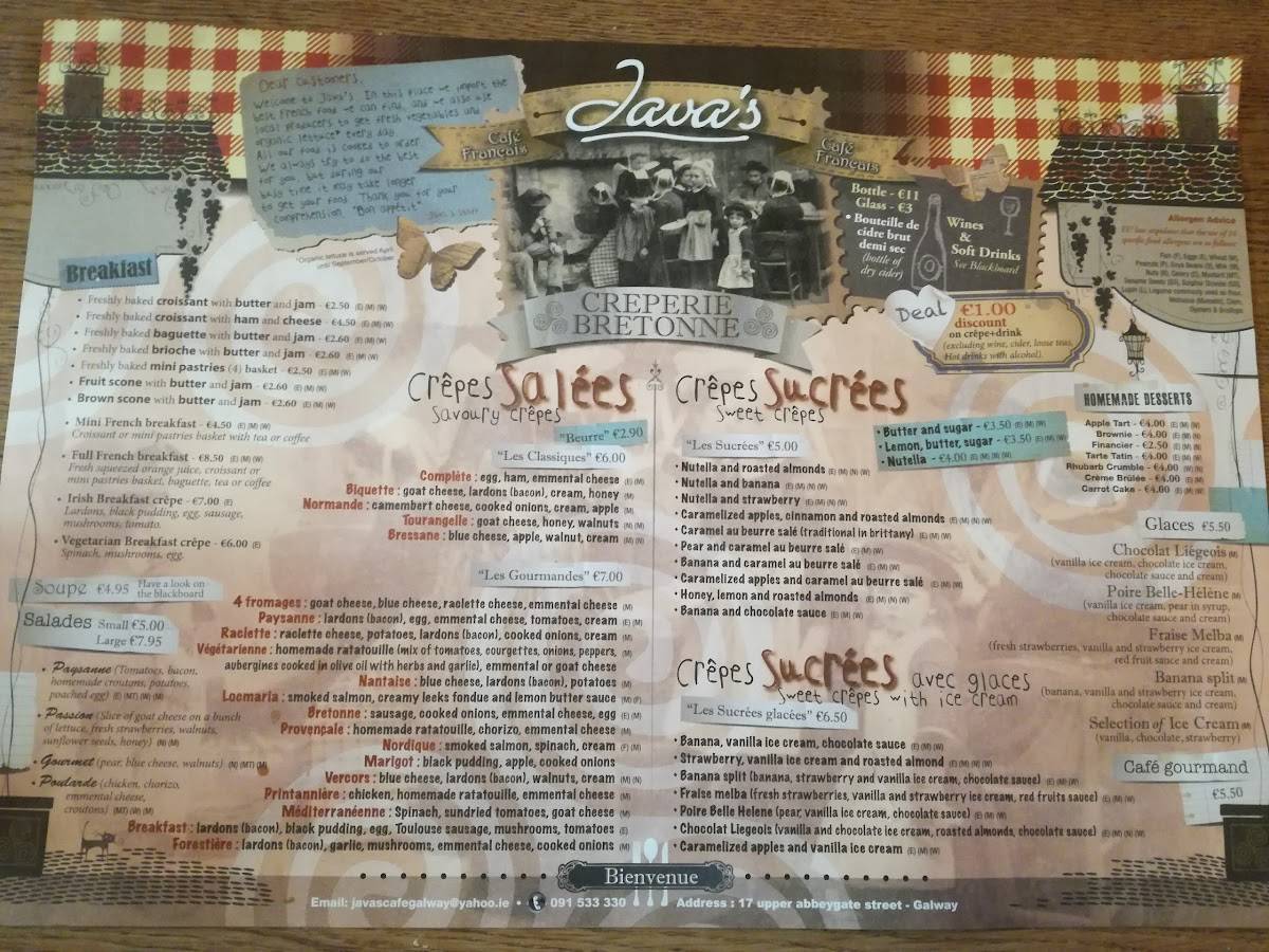 Menu at Java's Cafe, Galway