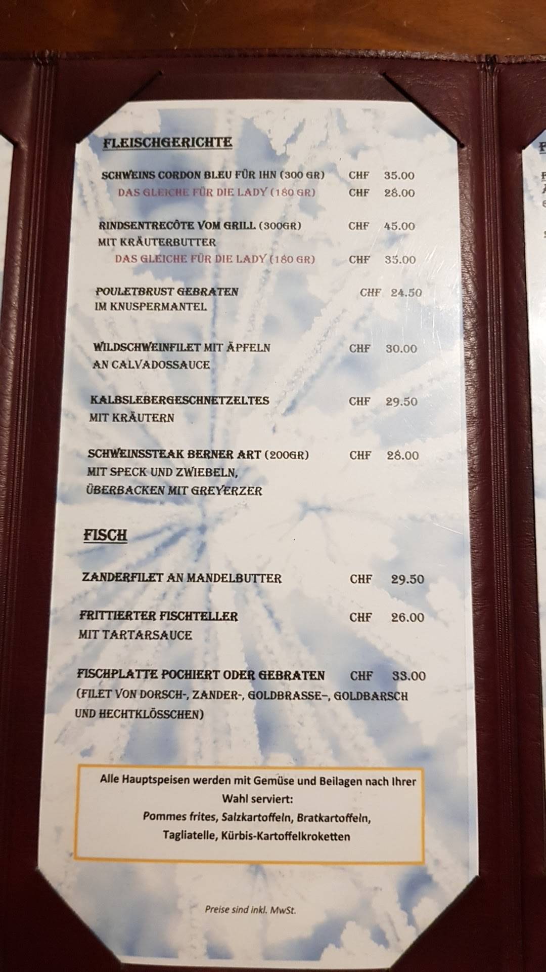 Menu at Gasthof Schlossberg Bori, Signau